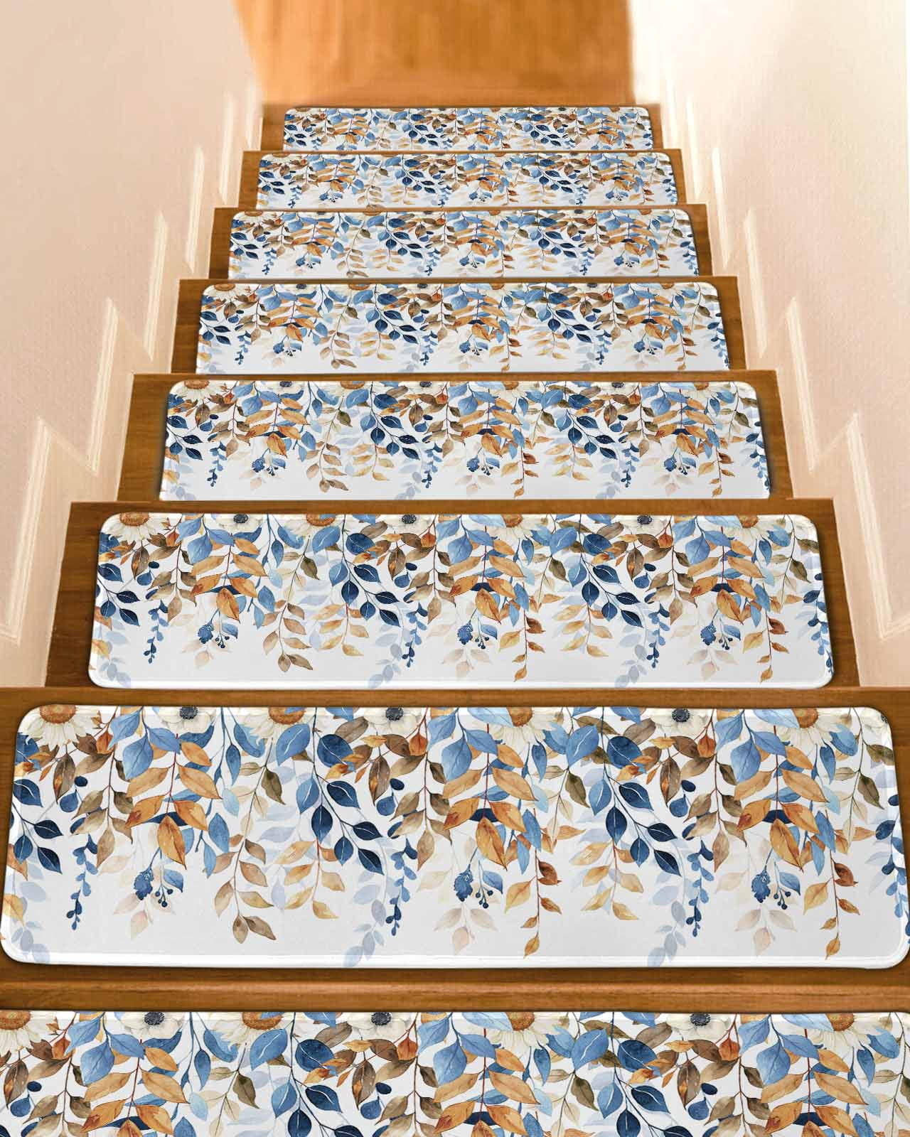 Orange Blue Botanical Stair Treads for Wooden Steps Indoor Runner Rug ...