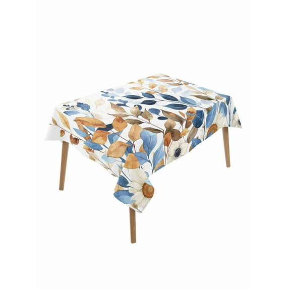 Orange Blue Botanical Table Cloth, Fall Eucalyptus Leaves Waterproof ...