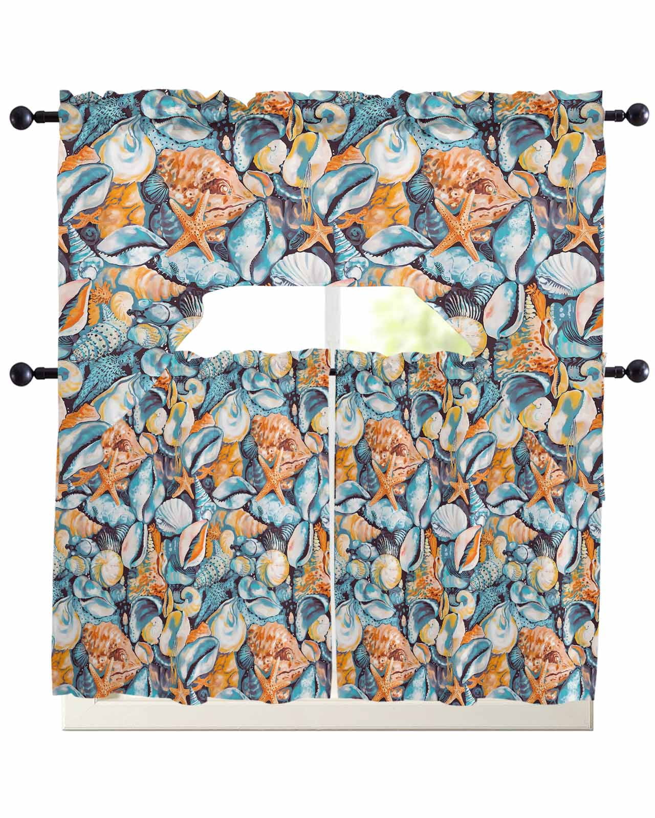 Orange Blue Coastal Kitchen Curtains Swag Valance and Tier Curtains Set ...