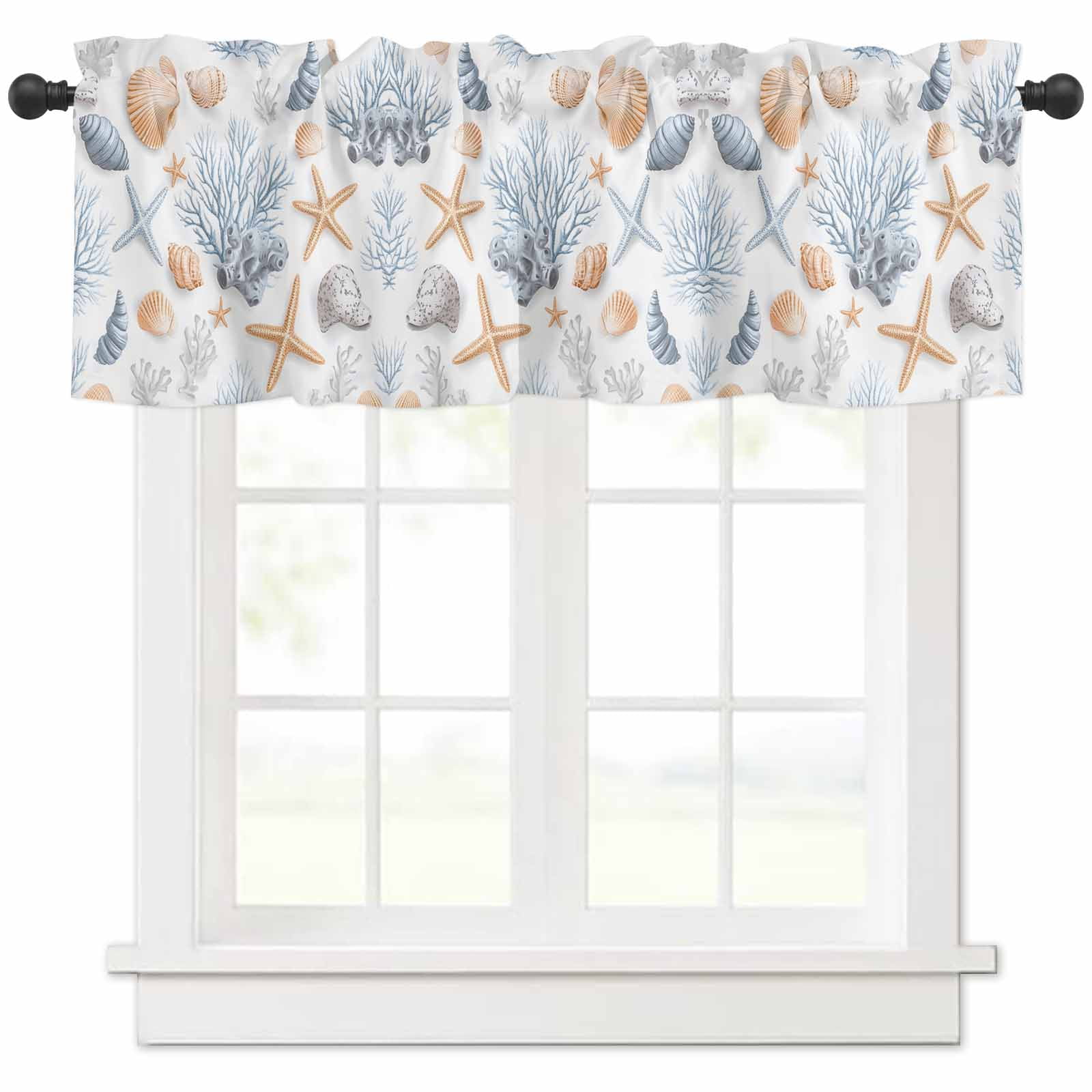 Orange Blue Coastal Valances for Windows Farmhouse Kitchen Curtains ...