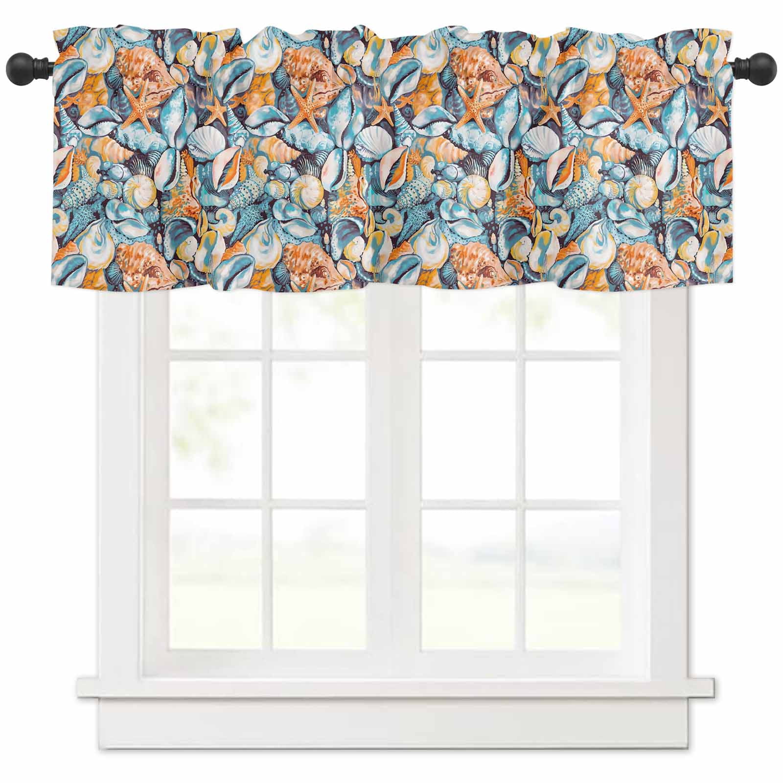 Orange Blue Coastal Valances for Windows Farmhouse Kitchen Curtains ...