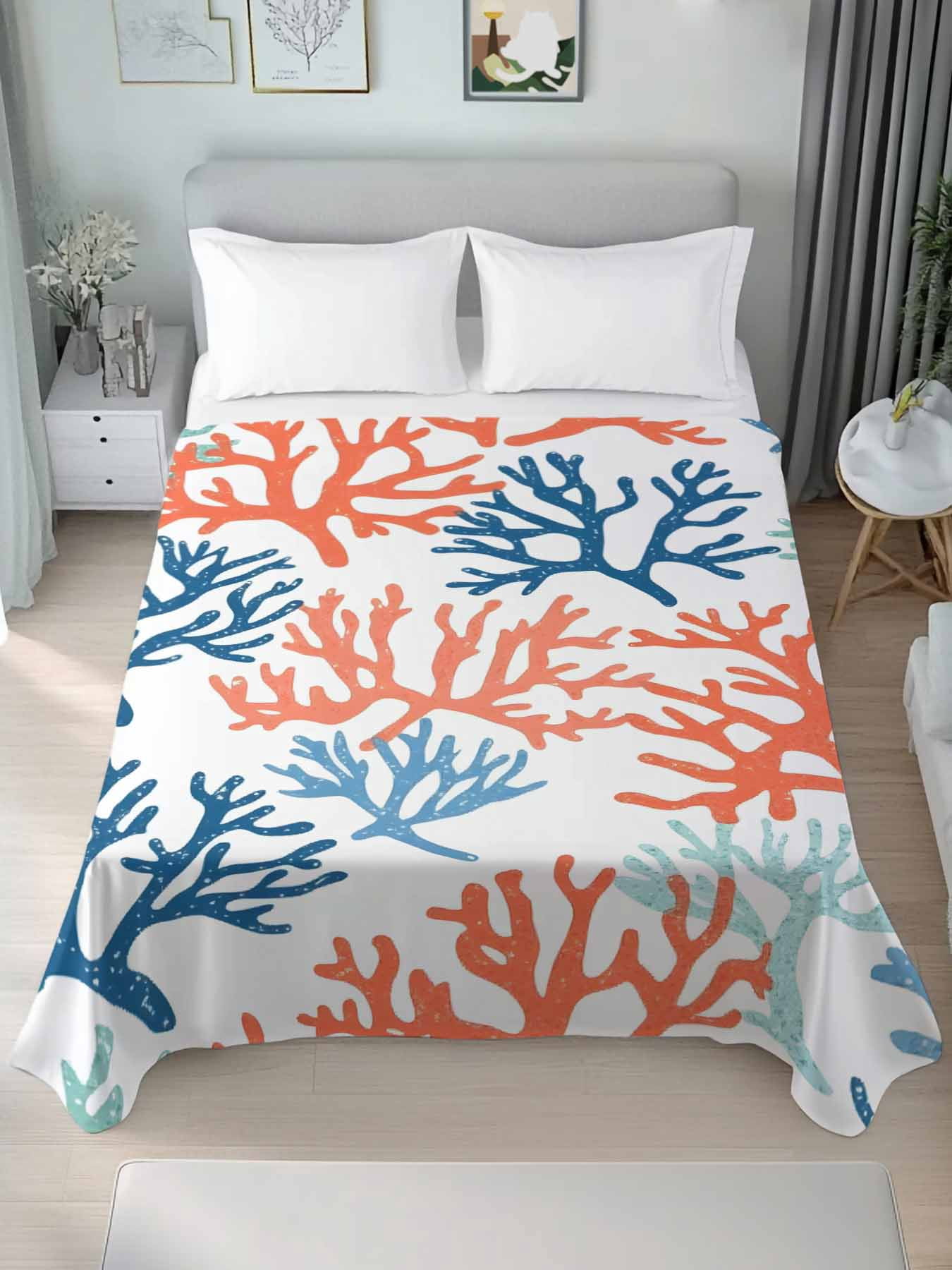 Orange Blue Coral Full Size Flat Sheet, Wrinkleproof & Fadeproof ...