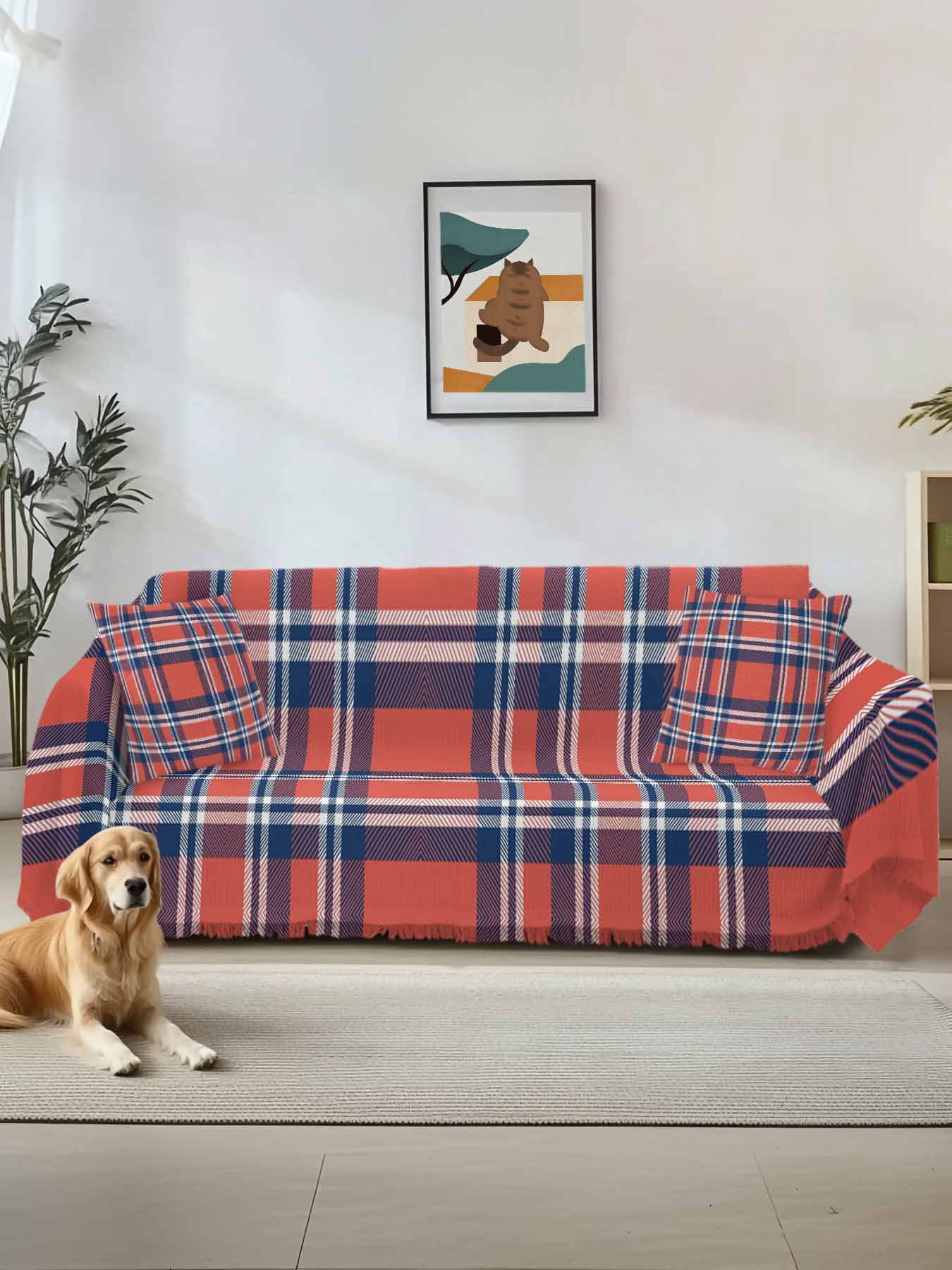 Orange Blue Couch Cover for 2 Cushion Sofa, British Style Buffalo Plaid ...