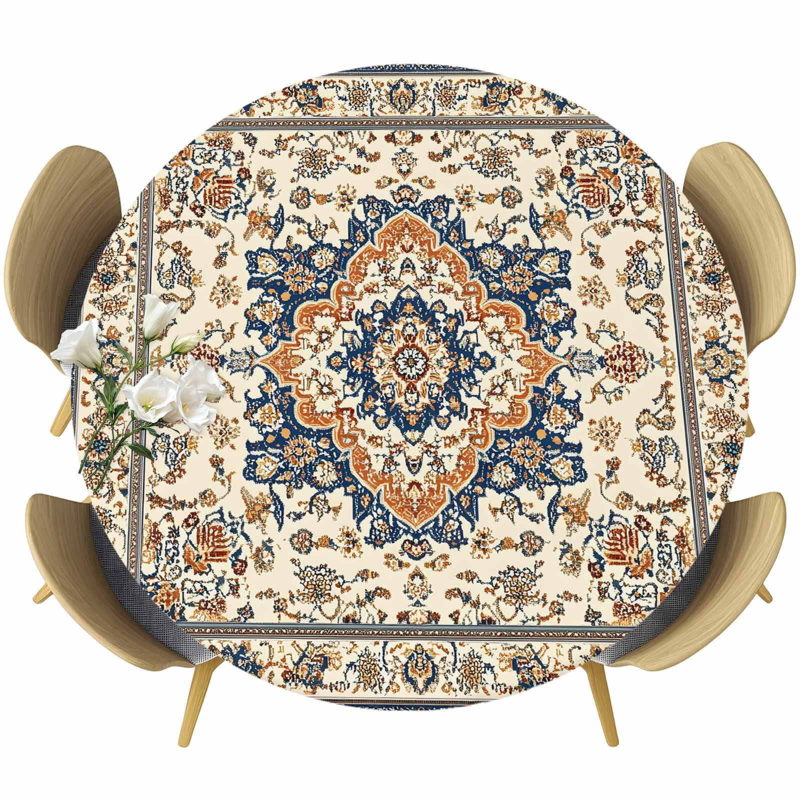 Orange Blue Ethnic Rustic Round Tablecloth 36-44 Inch Round Fitted ...