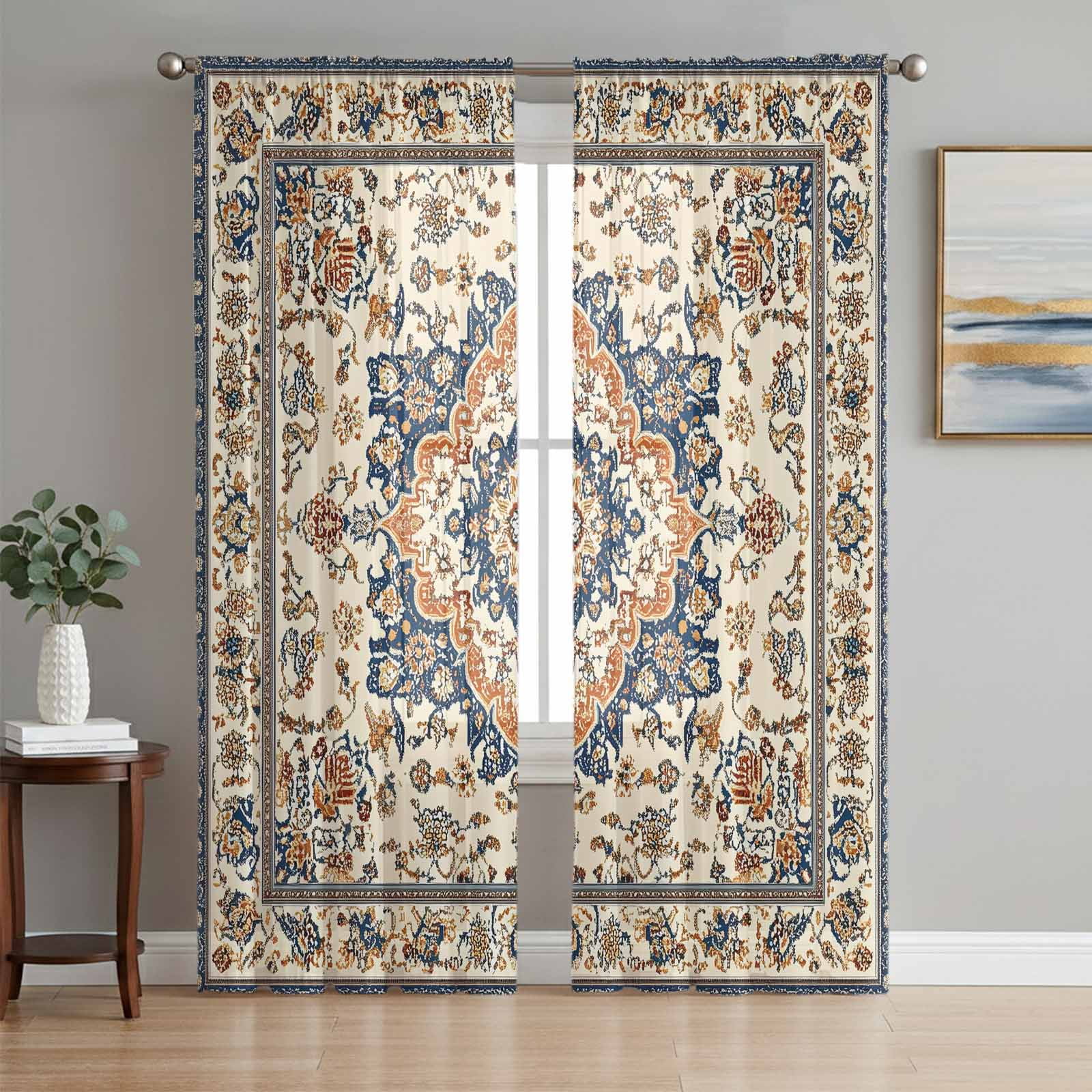 Orange Blue Ethnic Rustic Sheer Curtains 96 Inch Length 2 Panels Set ...