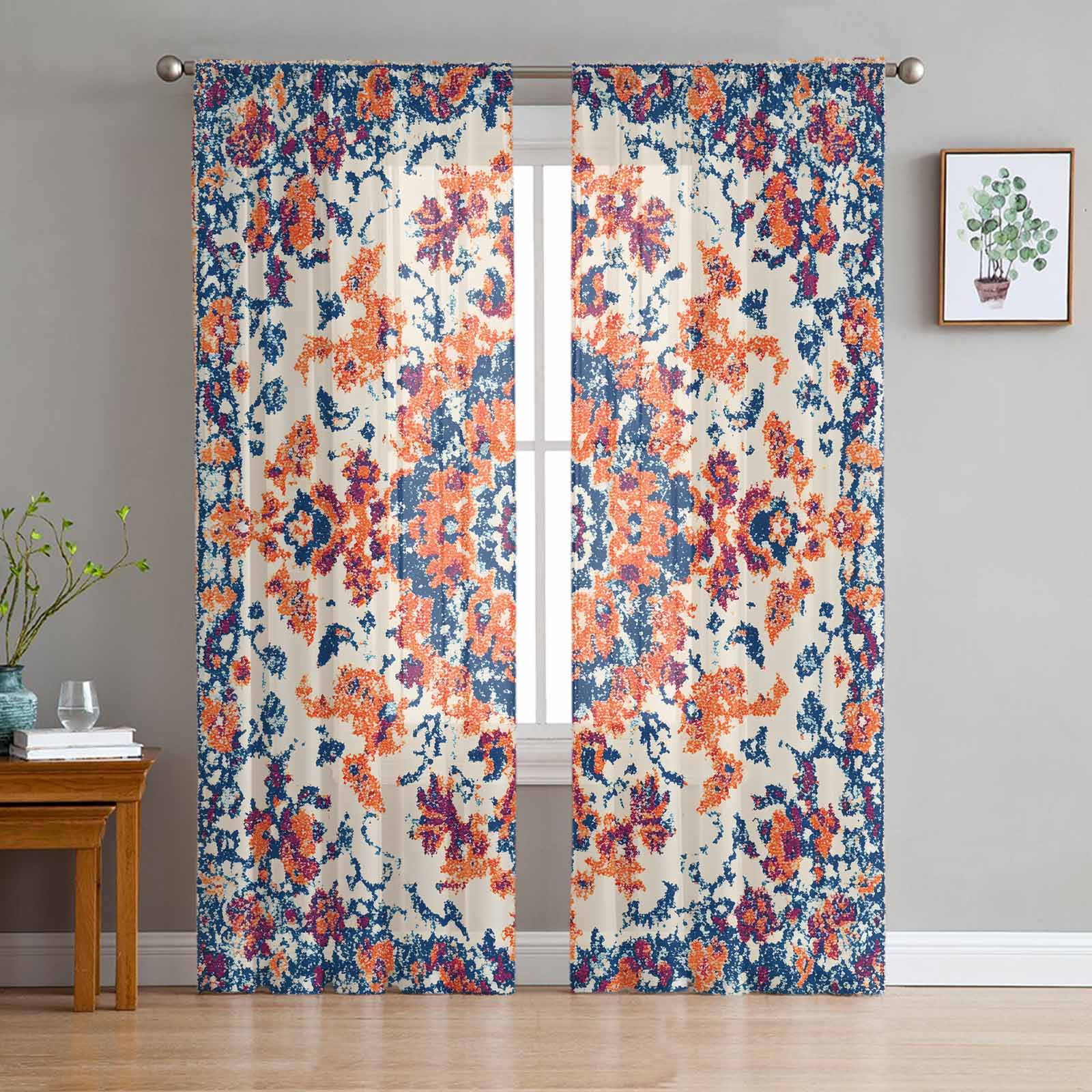 Orange Blue Ethnic Sheer Curtains 72 Inches Long 2 Panels Set, Window ...