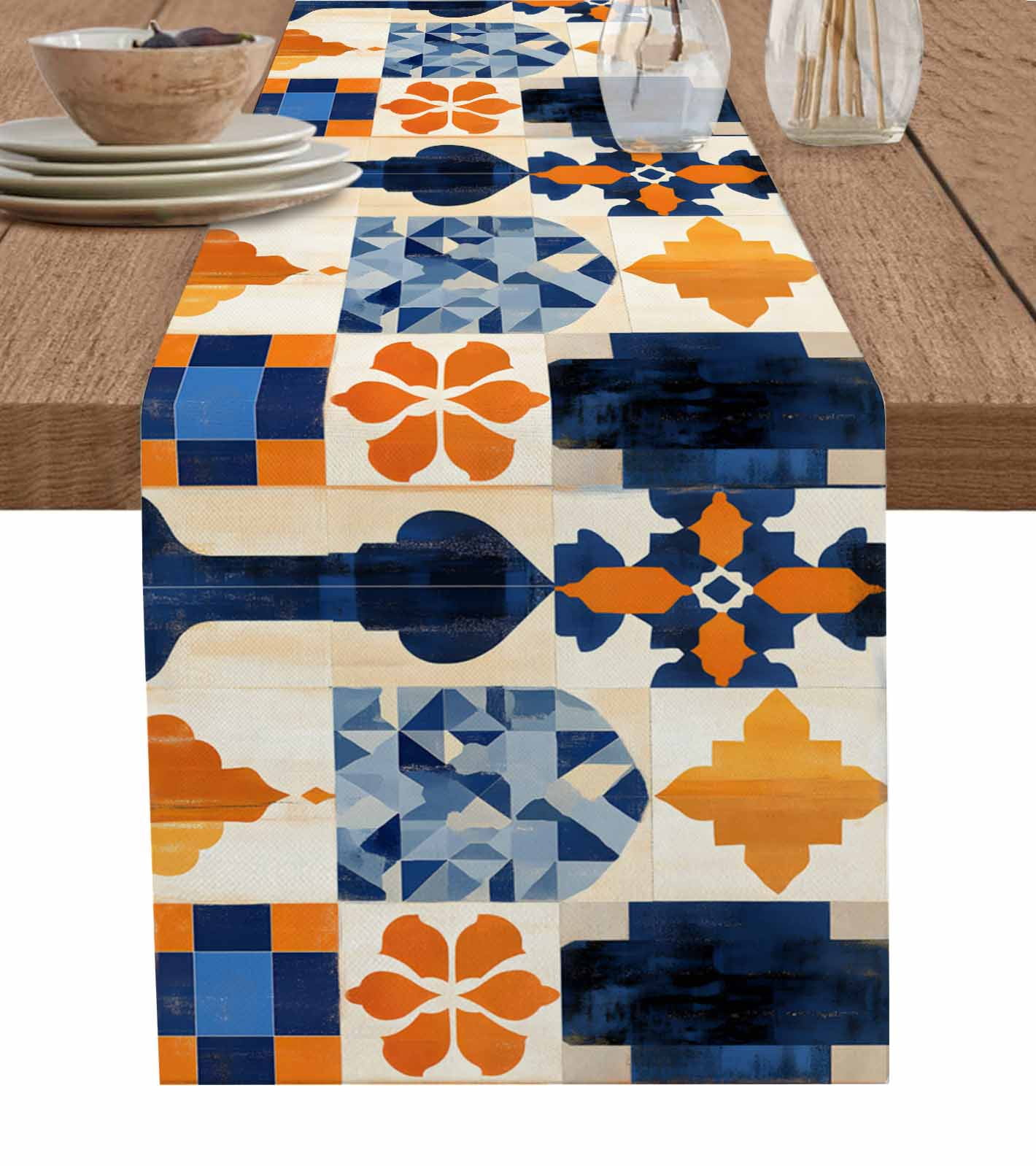 Orange Blue Geometric Table Runner Cotton Linen 48 Inch Holiday Dresser ...