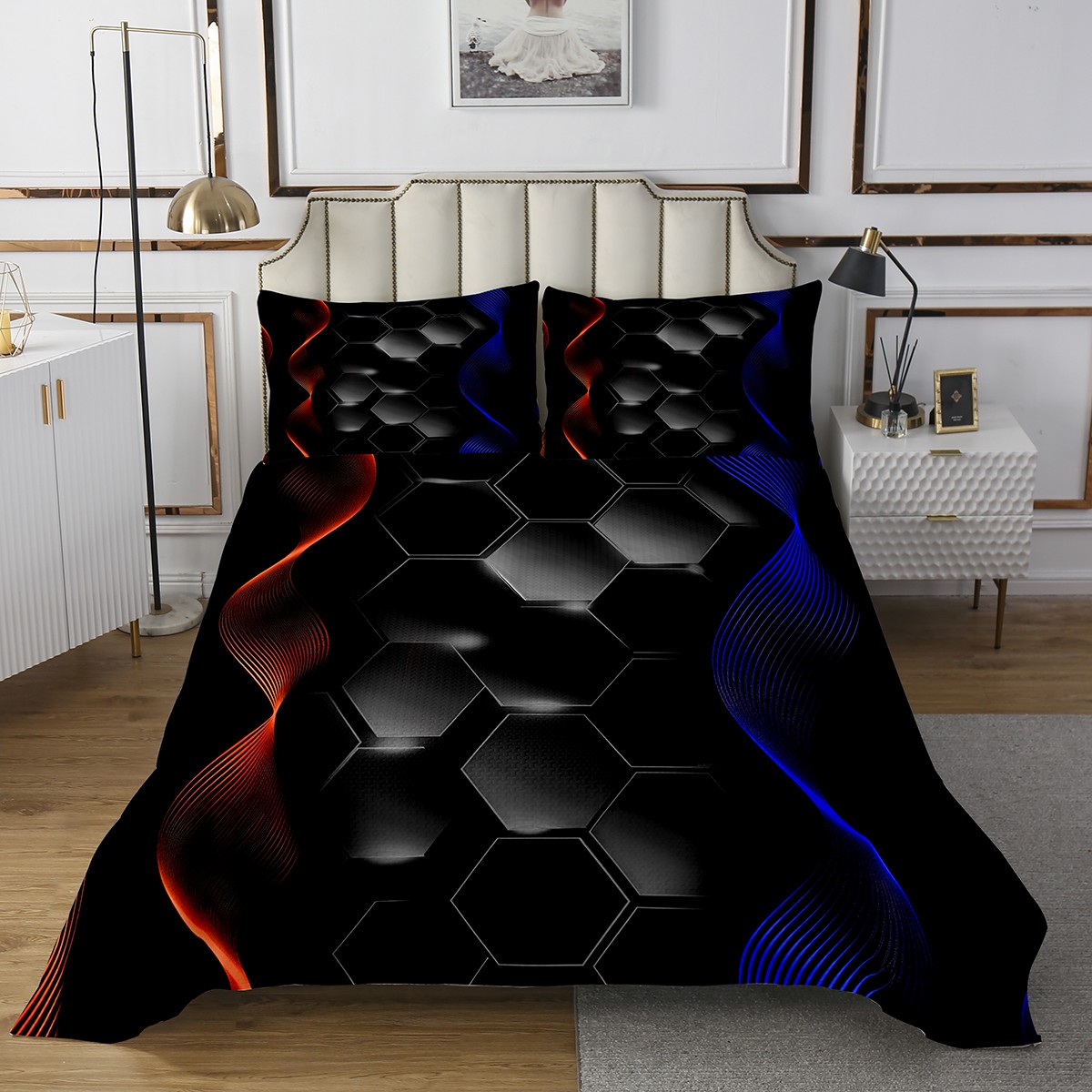 Orange and Blue Geometry Queen Bedspread Set,Neon Lights Stripes ...
