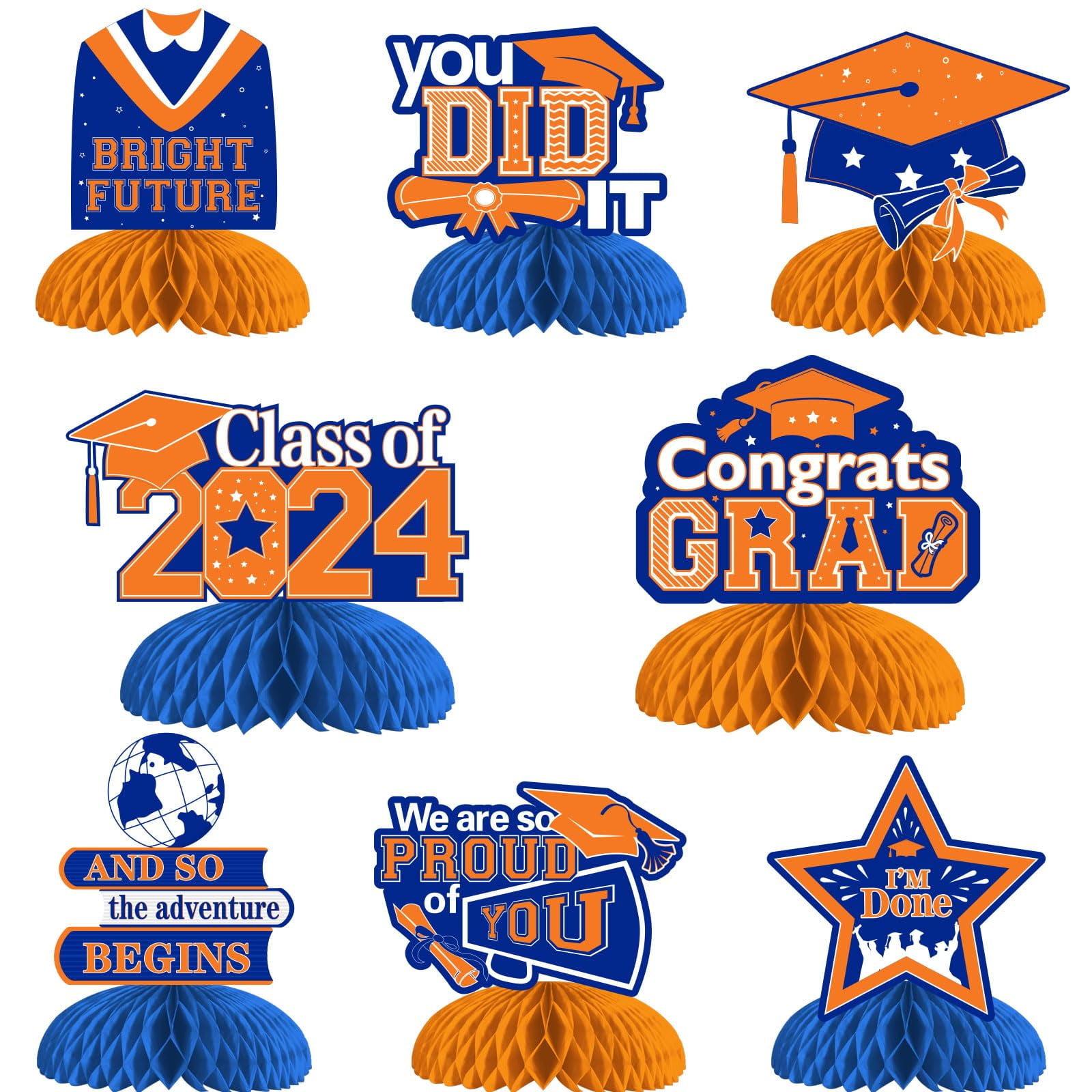Orange and Blue Graduation Decorations 2024-8pcs Graduation Honeycomb ...