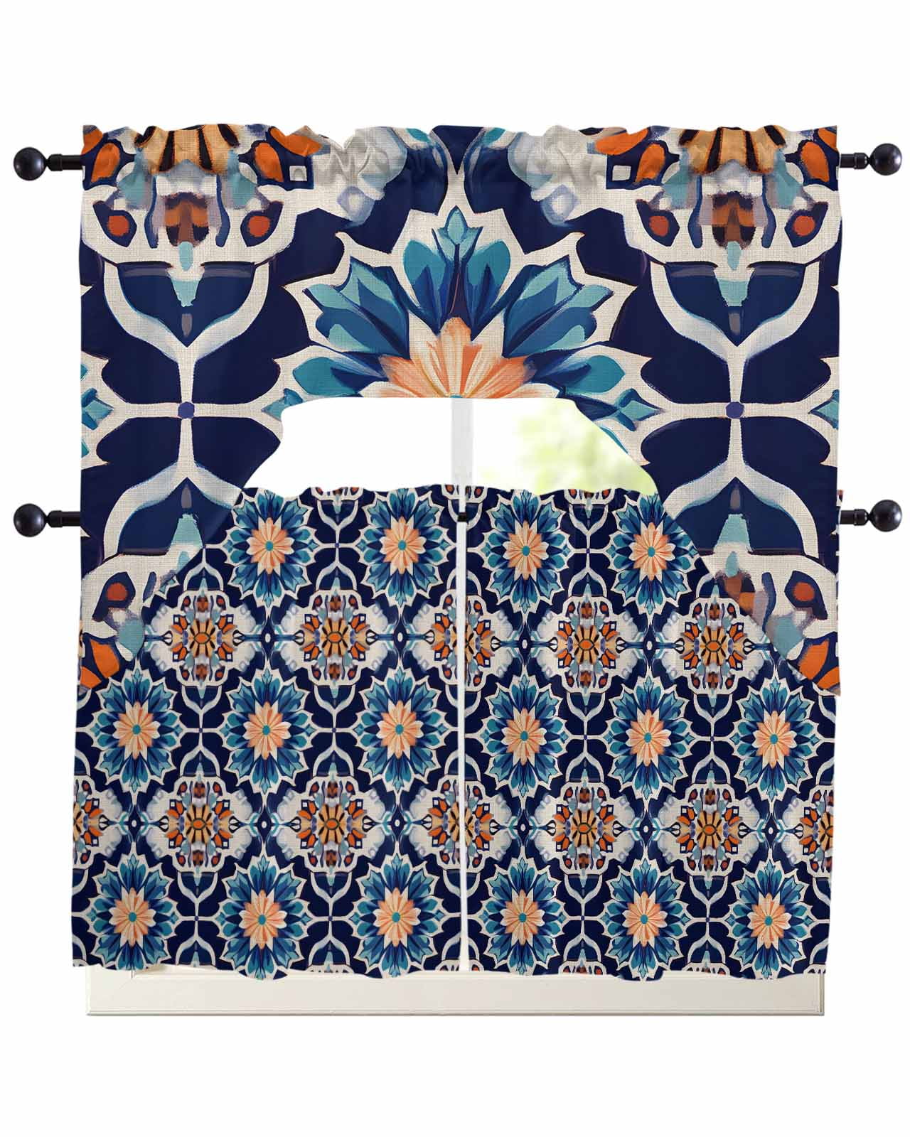 Orange Blue Kitchen Curtains Swag Valance and Tier Curtains Set 36 Inch ...