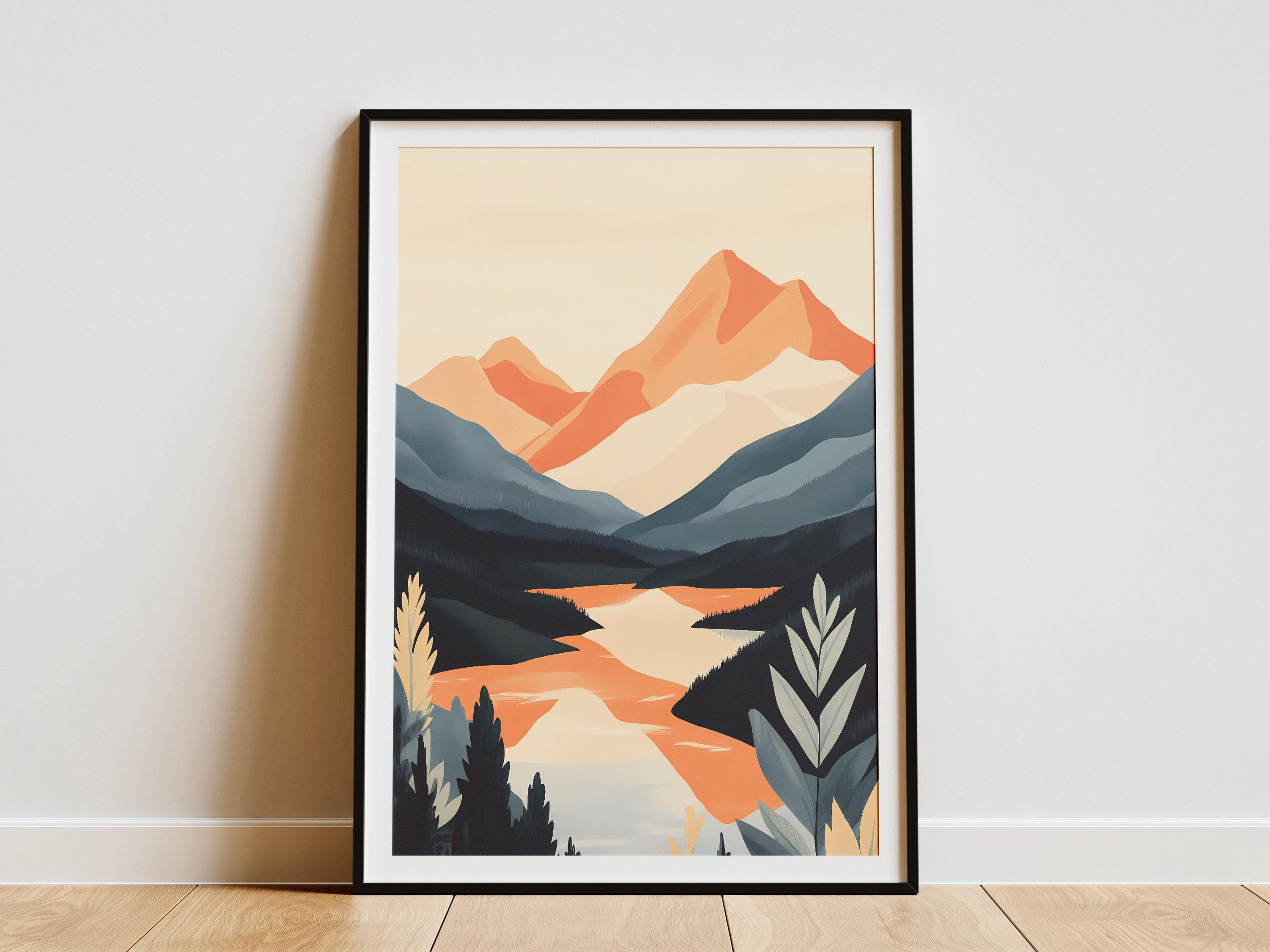 Orange and Blue Mountain Lake Poster Abstract Landscape Art Print ...