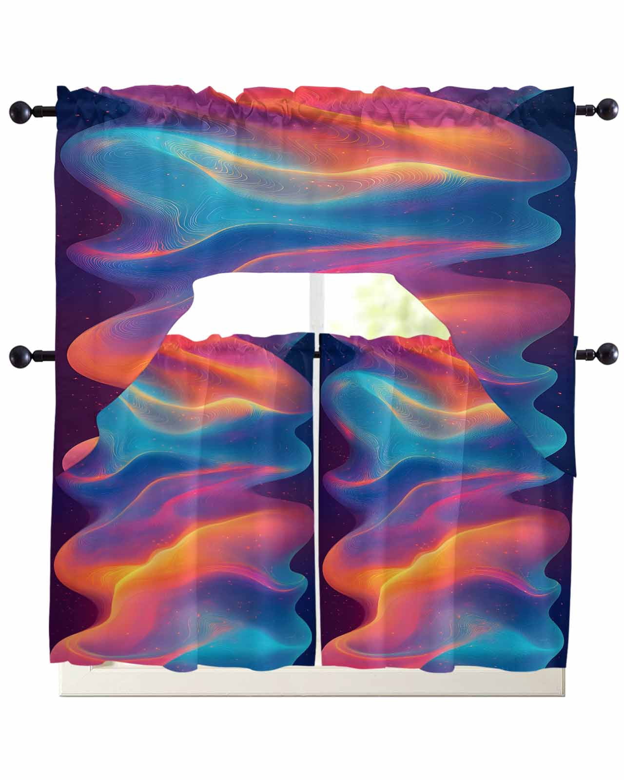 Orange Blue Pink Moire Swag Kitchen Curtains Sets for Windows 24 Inch ...