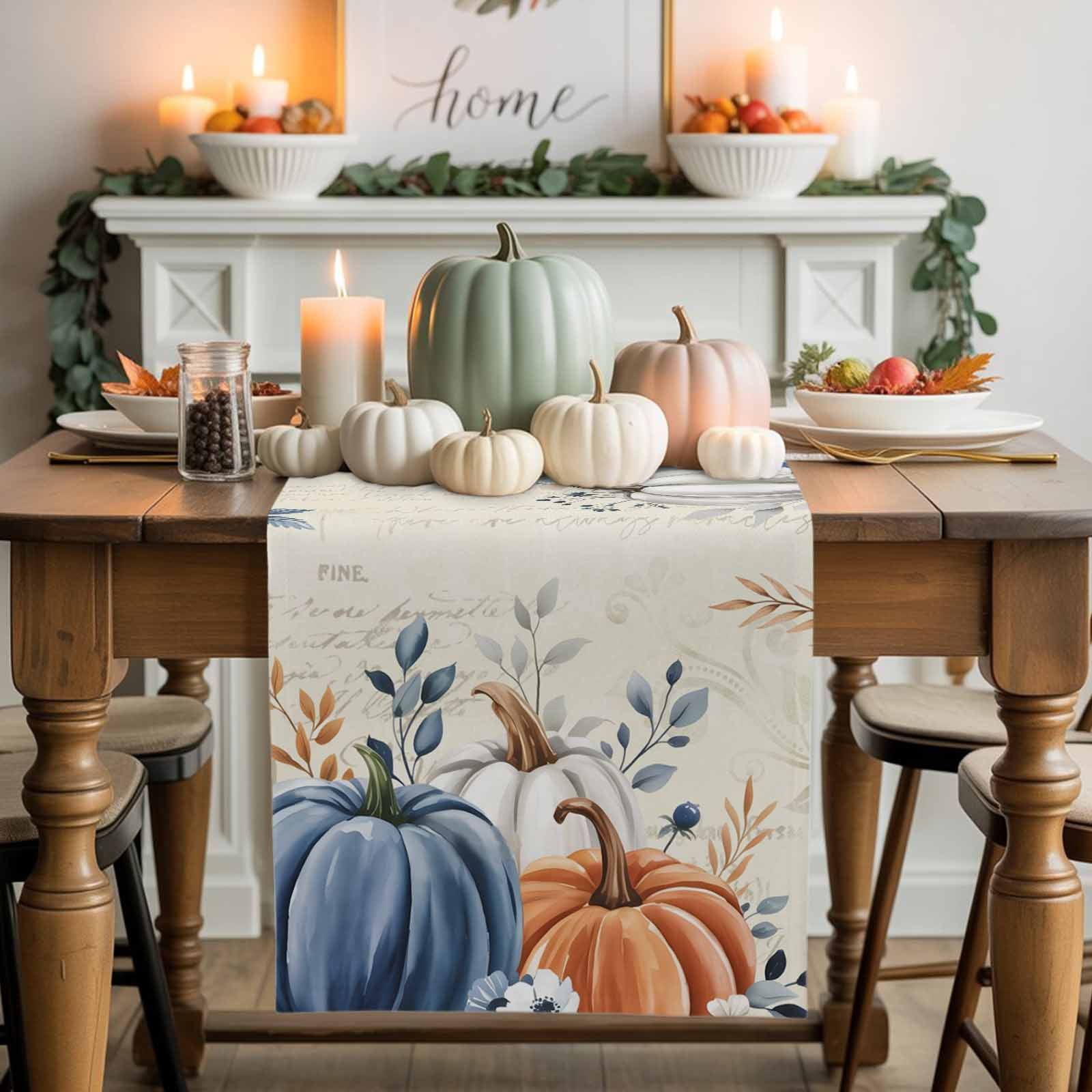 Orange Blue Pumpkin Table Runner, Autumn Thanksgiving Kitchen Dining ...