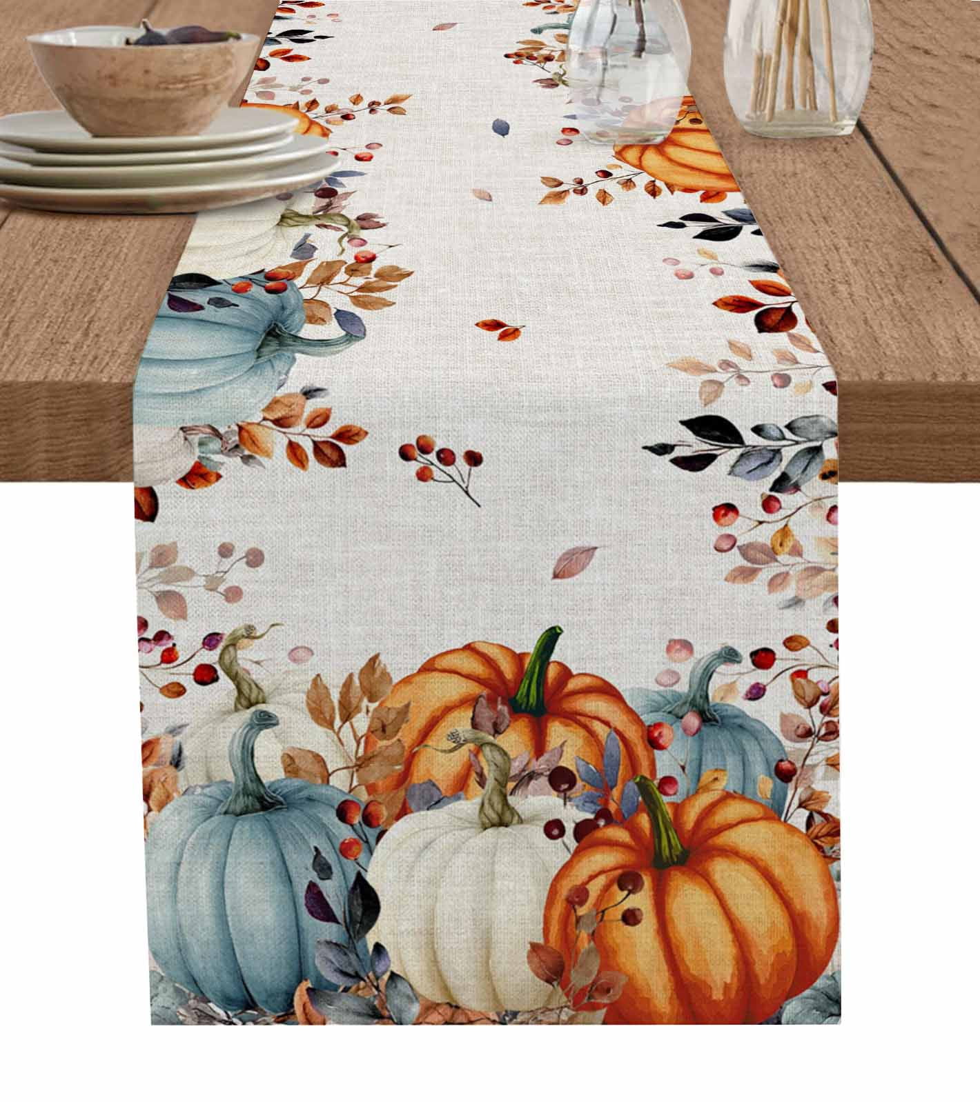 Orange Blue Pumpkins Burlap Cotton Table Runner 13x60 Inches Long ...