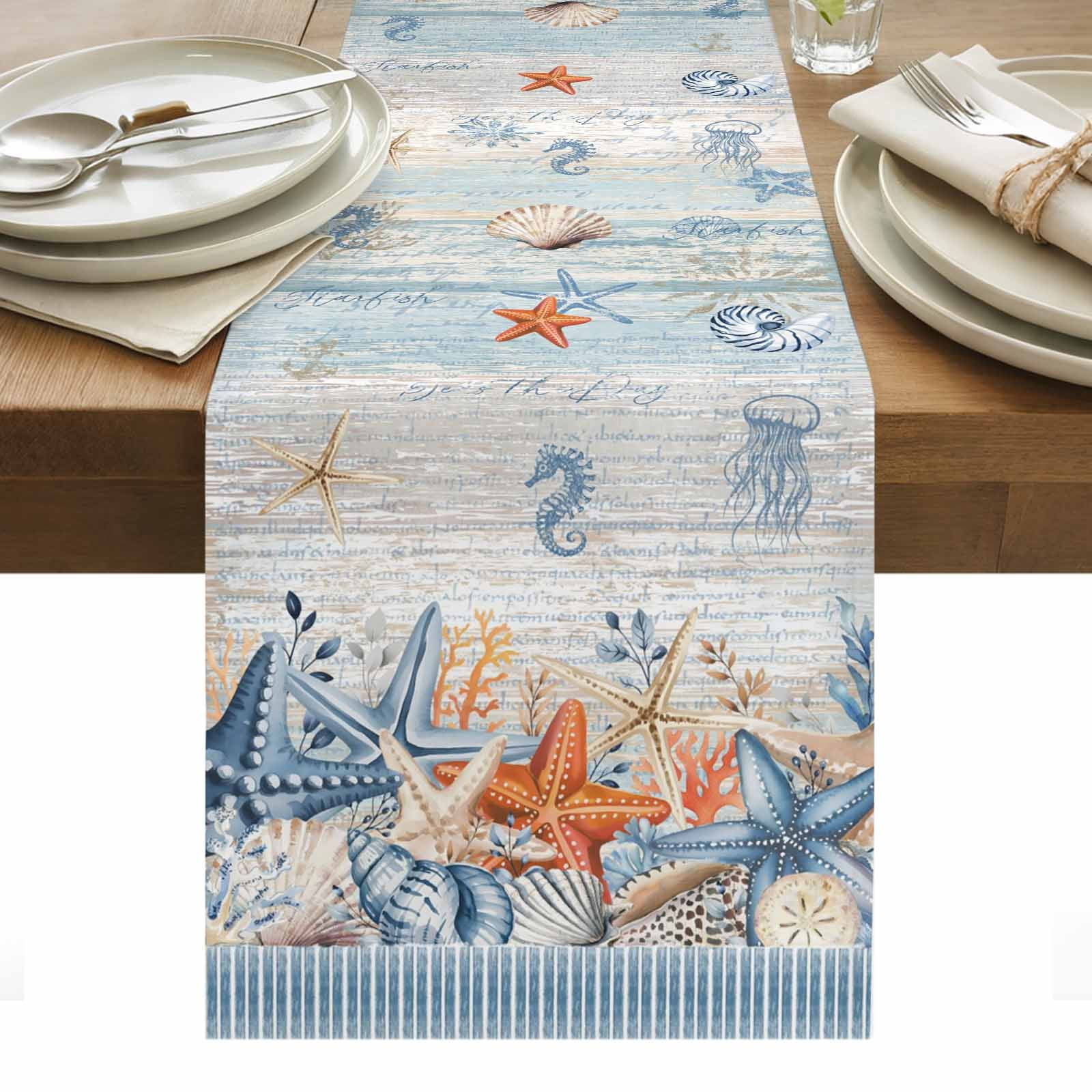 Orange Blue Sea Stars Cotton Linen Table Runner Retro Sea Stars ...