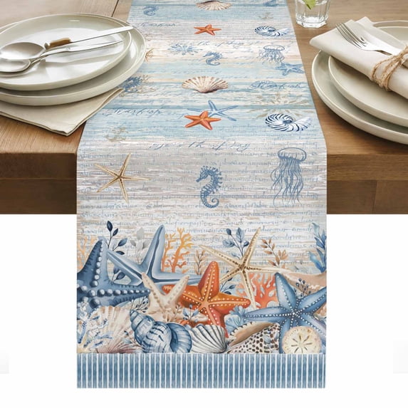 Orange Blue Sea Stars Cotton Linen Table Runner Retro Sea Stars ...