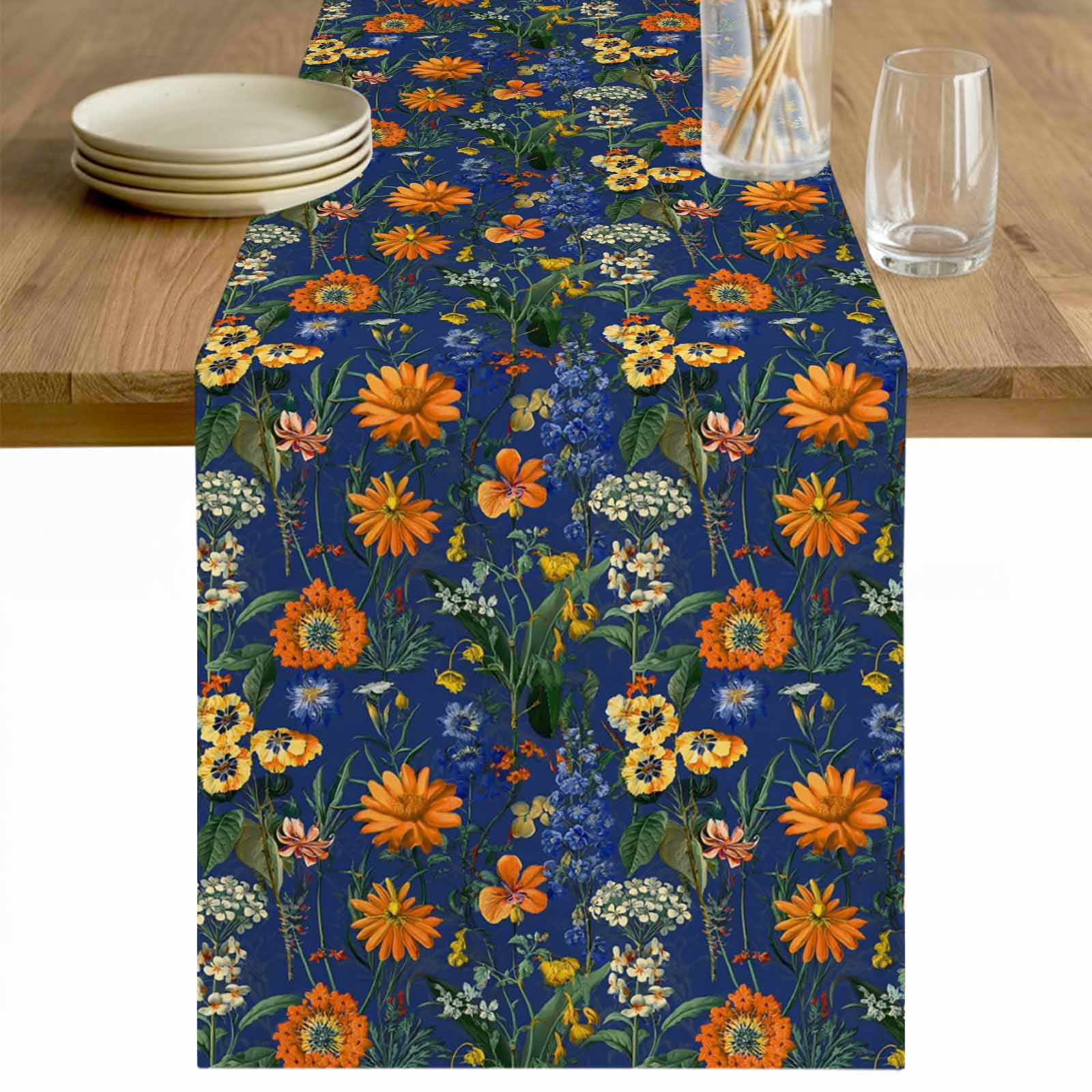 Orange Blue Spring Floral Table Runner - 108 Inch Long Vintage ...