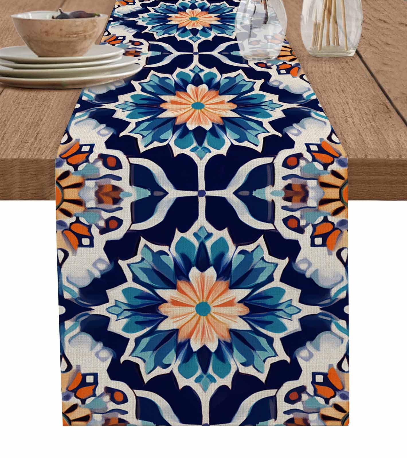 Orange Blue Table Runner 72 Inches, Morocco Boho Abstract Floral Ethnic ...