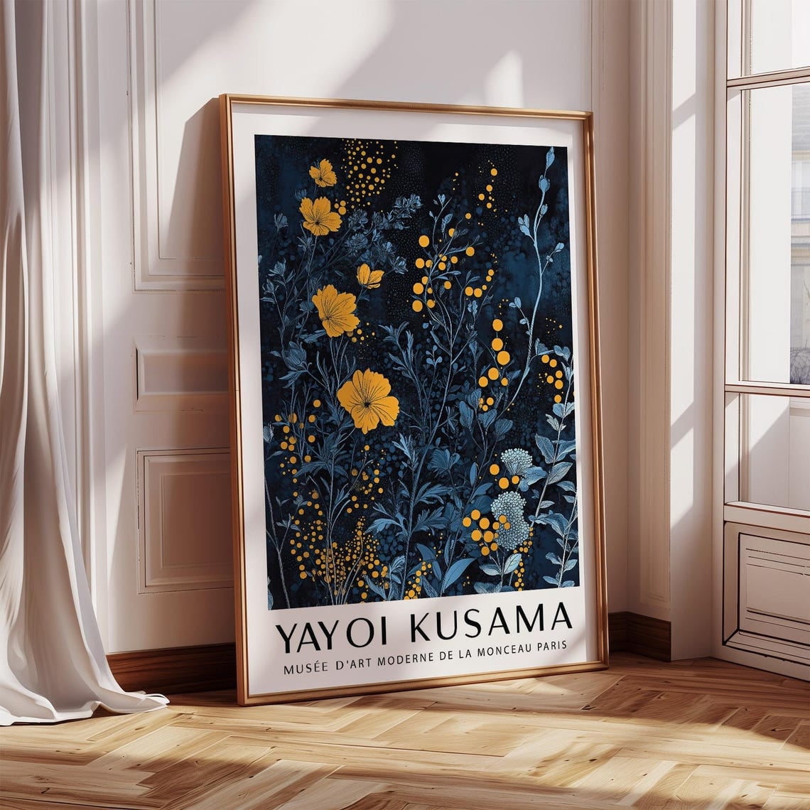 Orange And Blue Wall Art – Yayoi Kusama Inspired Floral Print – Dark ...