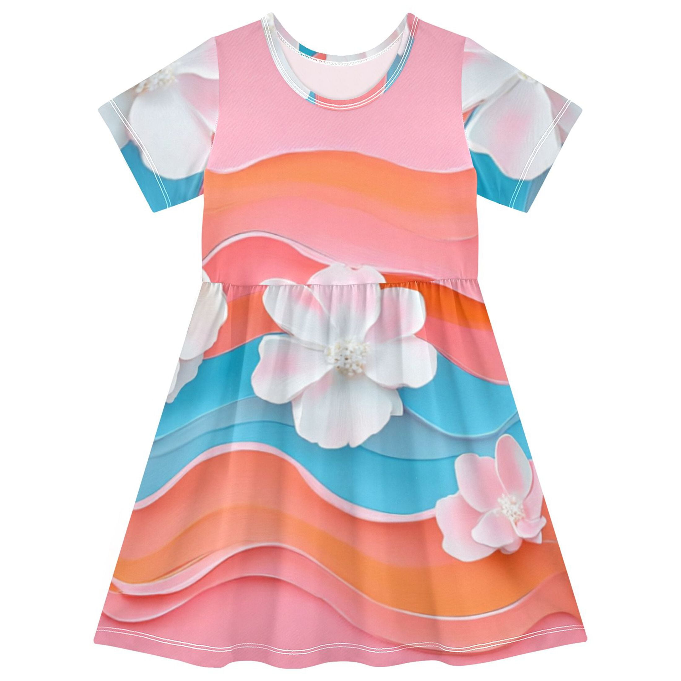 Orange Blue Wavy Flowers 3d Girls' Short Sleeve Dress A-Line One-Piece Dress UPF 50+ Quick Dry ...