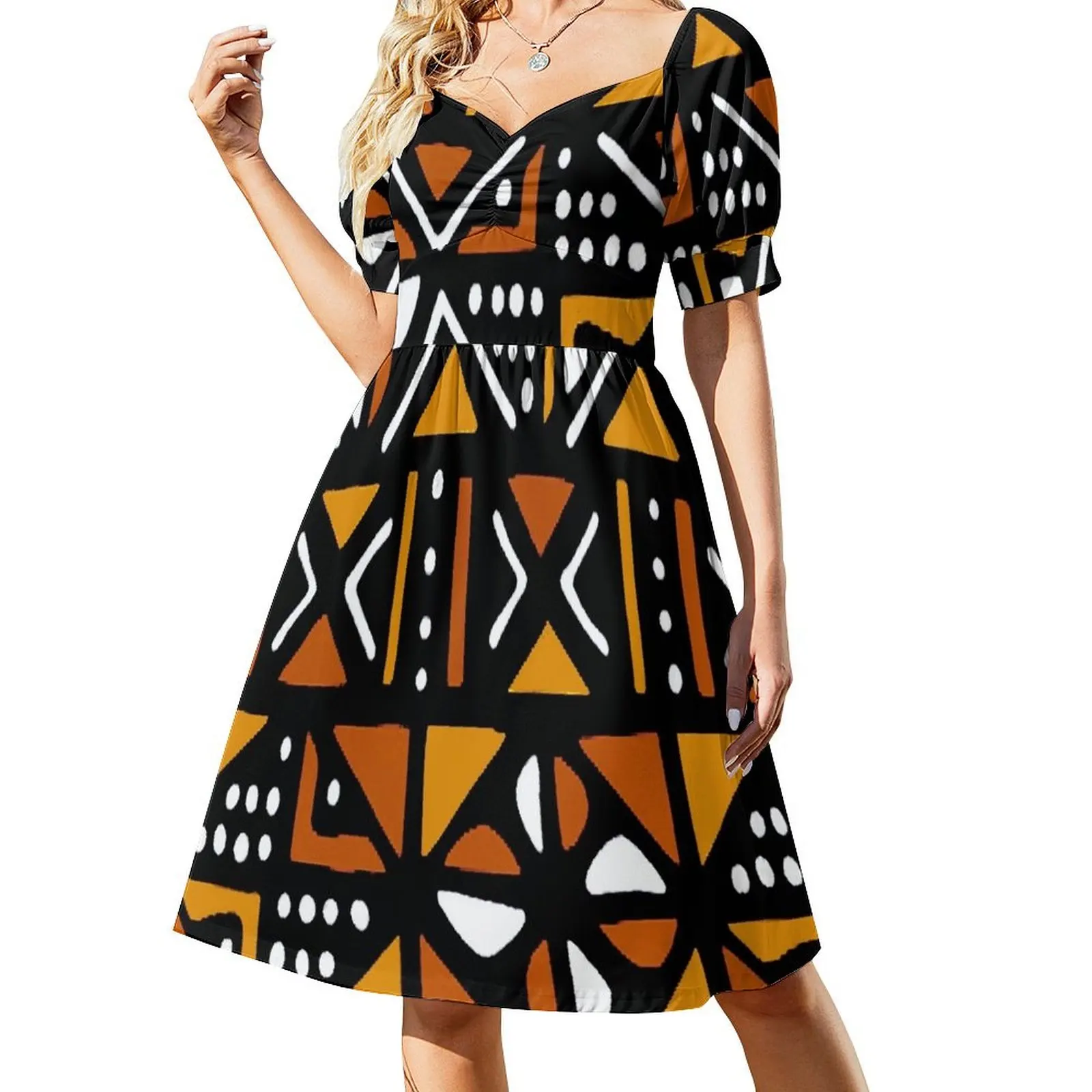 Orange Bogolan African Pattern Sleeveless Dress chic and elegant evening dress loose summer ...