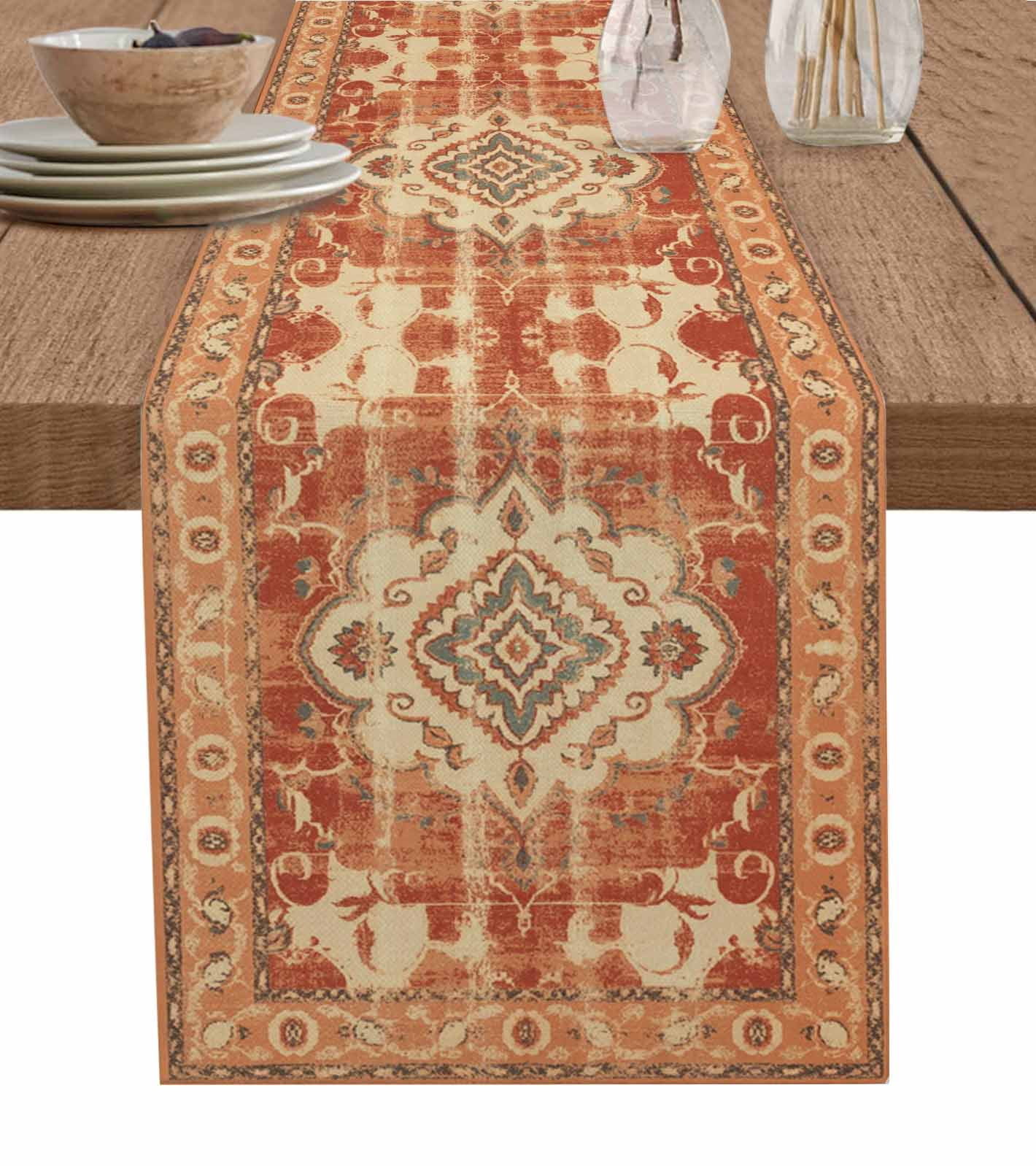 Orange Boho Ethnic Table Runners 120 Inches Long, Cotton Linen Fabric ...