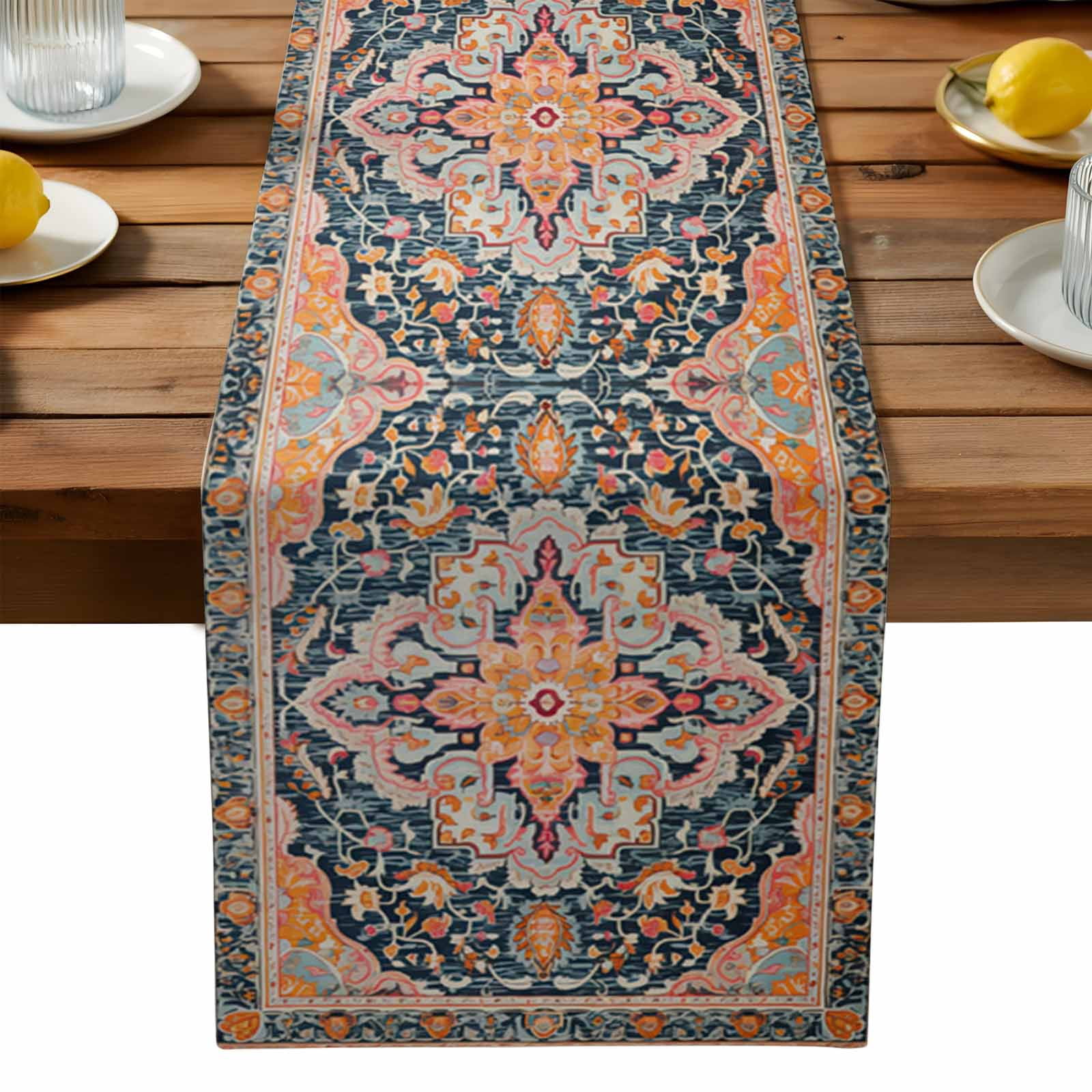 Orange Boho Floral Table Runner, Medieval Vintage Texture Cotton Linen ...