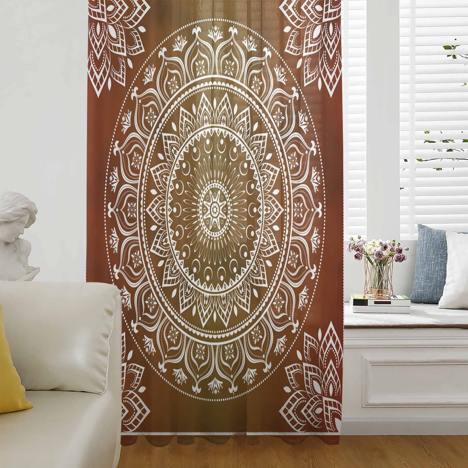 Orange Boho Window Curtain 72 Inches Long,Retro Ombre Rustic Flower Ethnic Pattern Semi Sheer ...