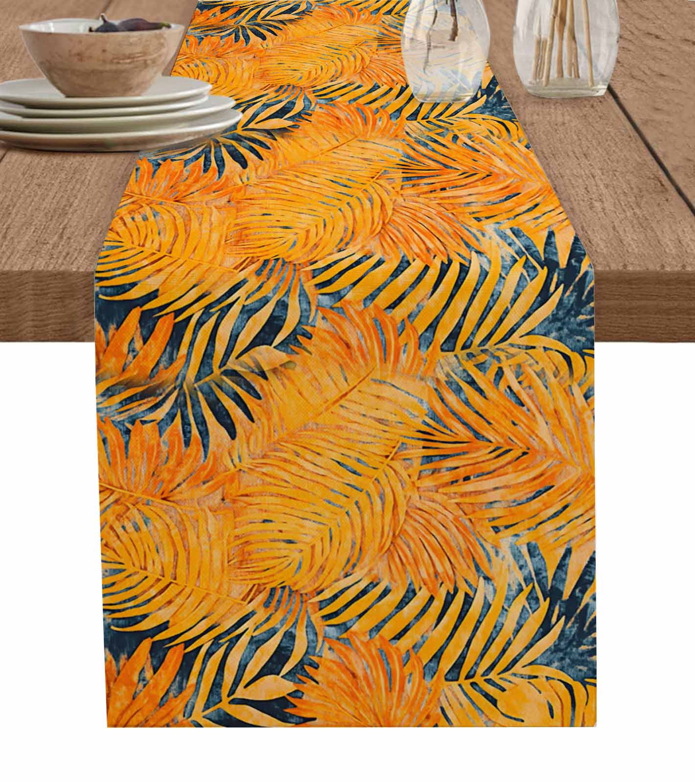 Orange Botanical Table Runner 90 Inches, Modernism Tropical Palm Leaf ...