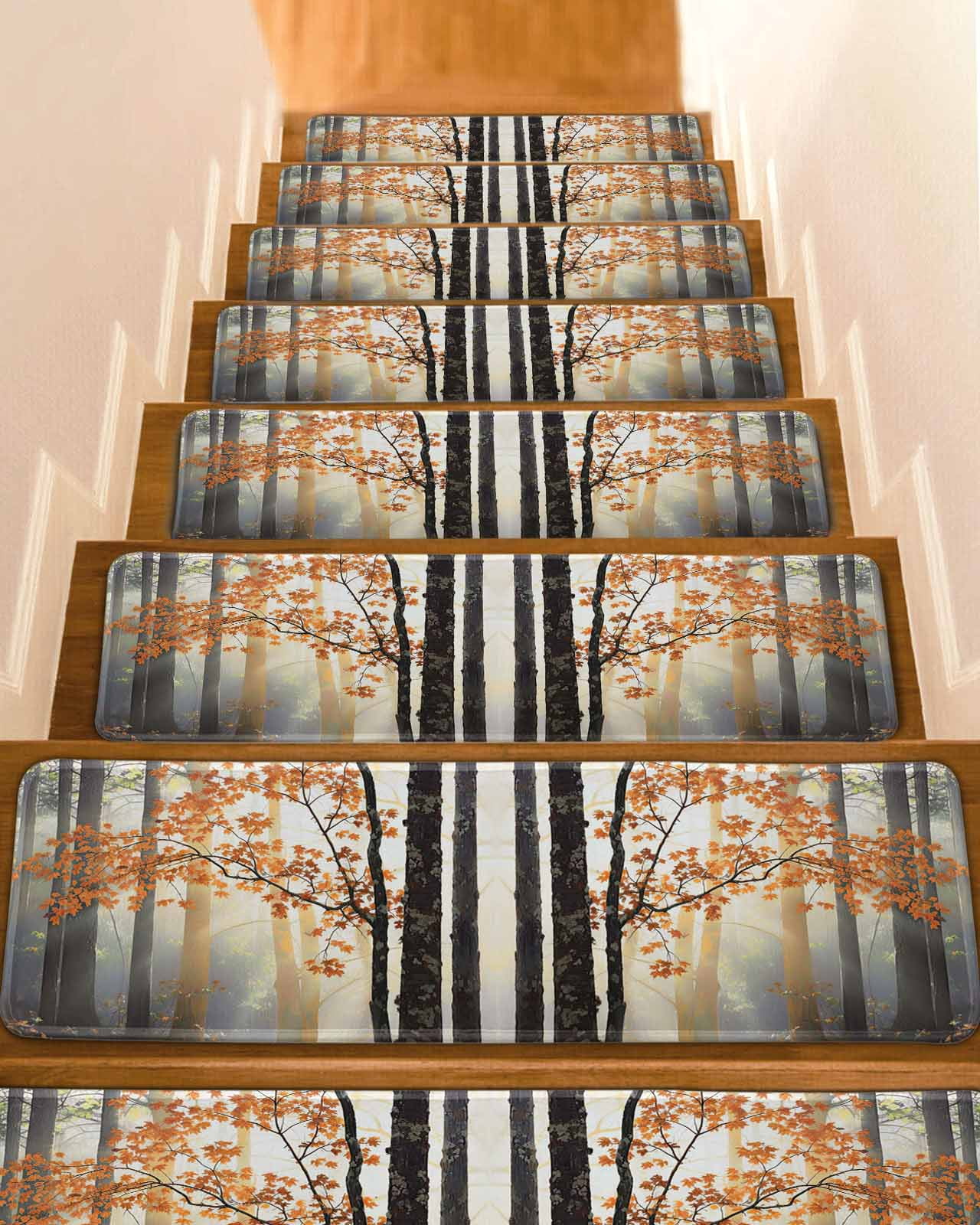 Orange Botanical Tree Stair Treads for Wooden Steps Indoor Runner Rug ...
