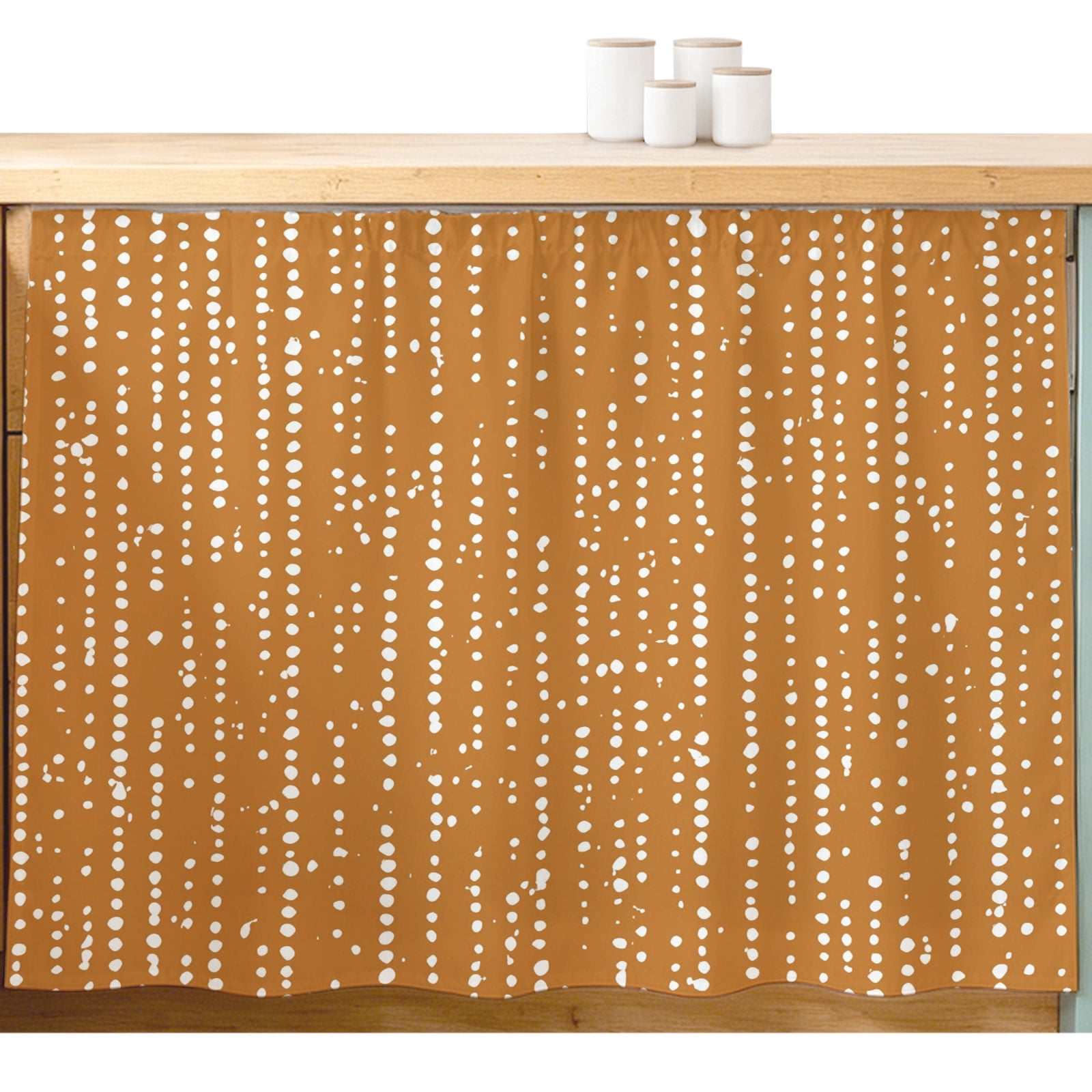 Orange Brown Cabinet Curtains 11" W x 13" L, White Dots and Lines Fiber ...