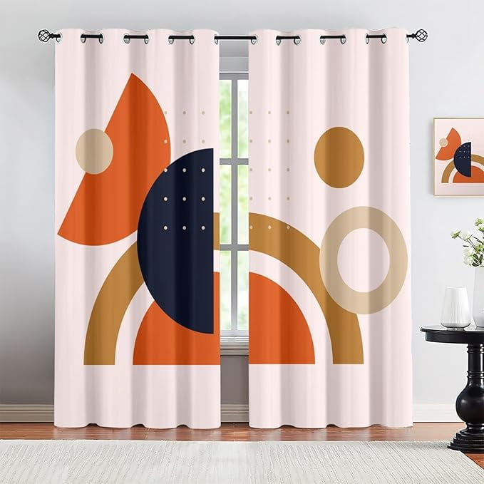 Orange Brown Color Block Splicing Blackout Curtains, Pink Bohemian Art ...