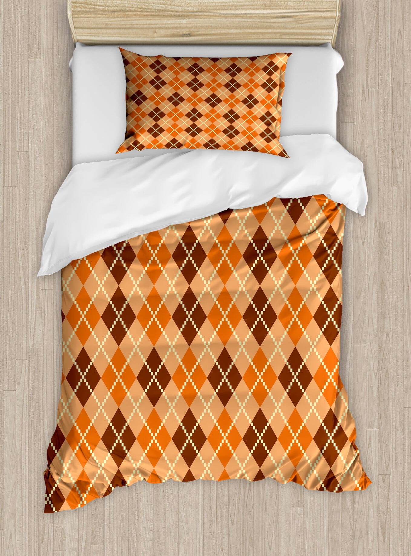 Orange Brown Duvet Cover Set, Vintage Argyle Pattern with Diamond Check Lozenges Geometric Art ...