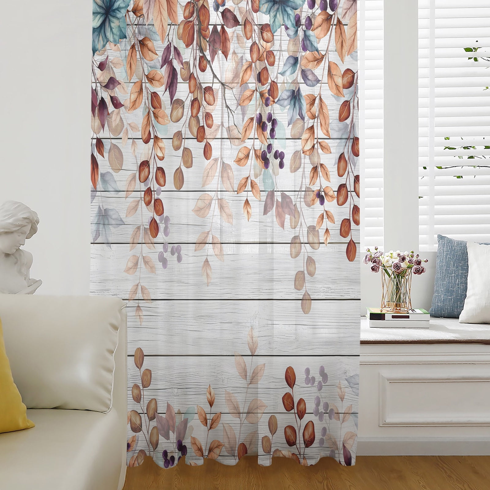 Orange Brown Eucalyptus Leaves Sheer Curtains 45 Inch Length, Light ...