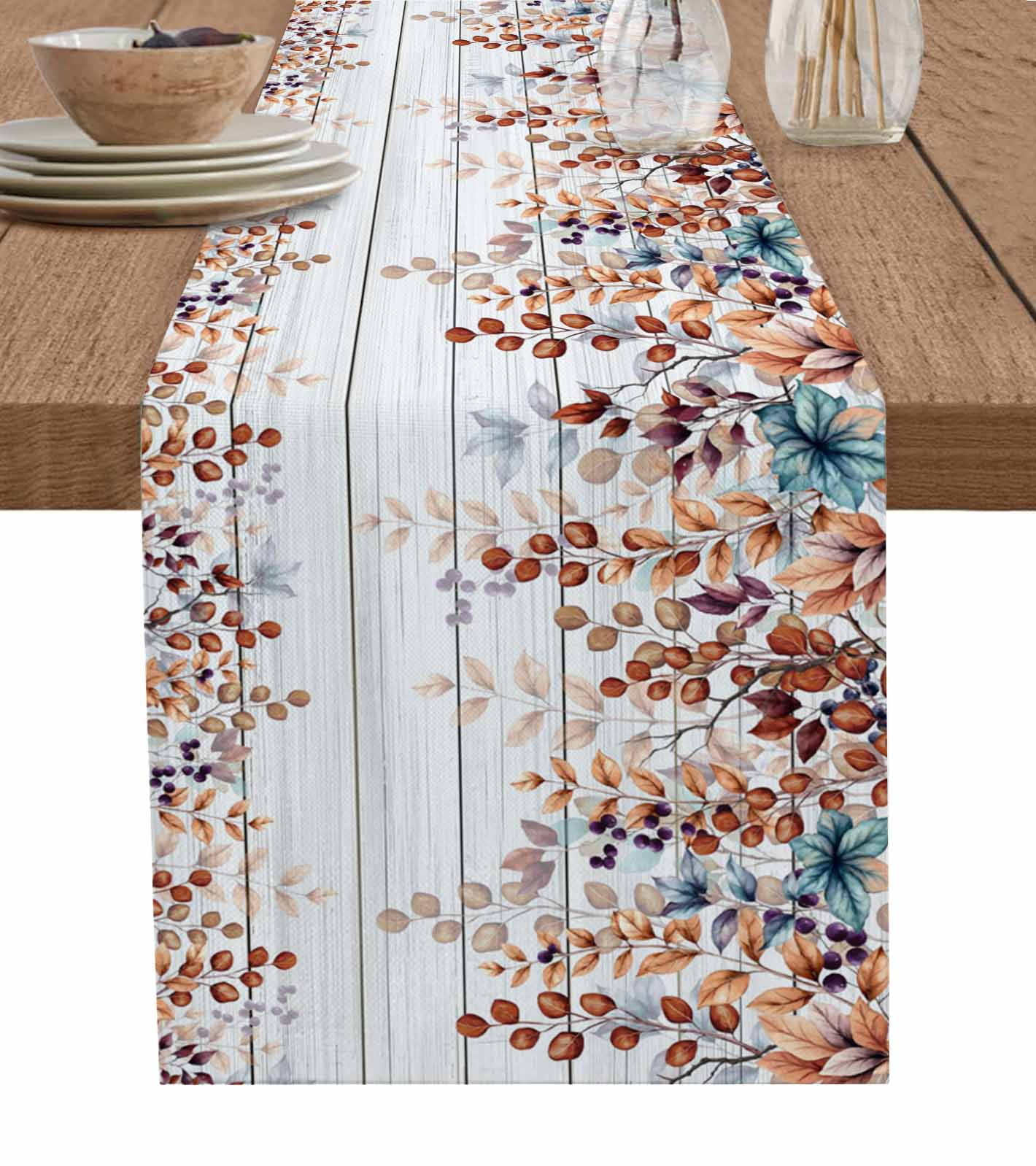 Orange Brown Eucalyptus Leaves Table Runners 90 Inches Long, Cotton Linen Fabric Table Runner ...