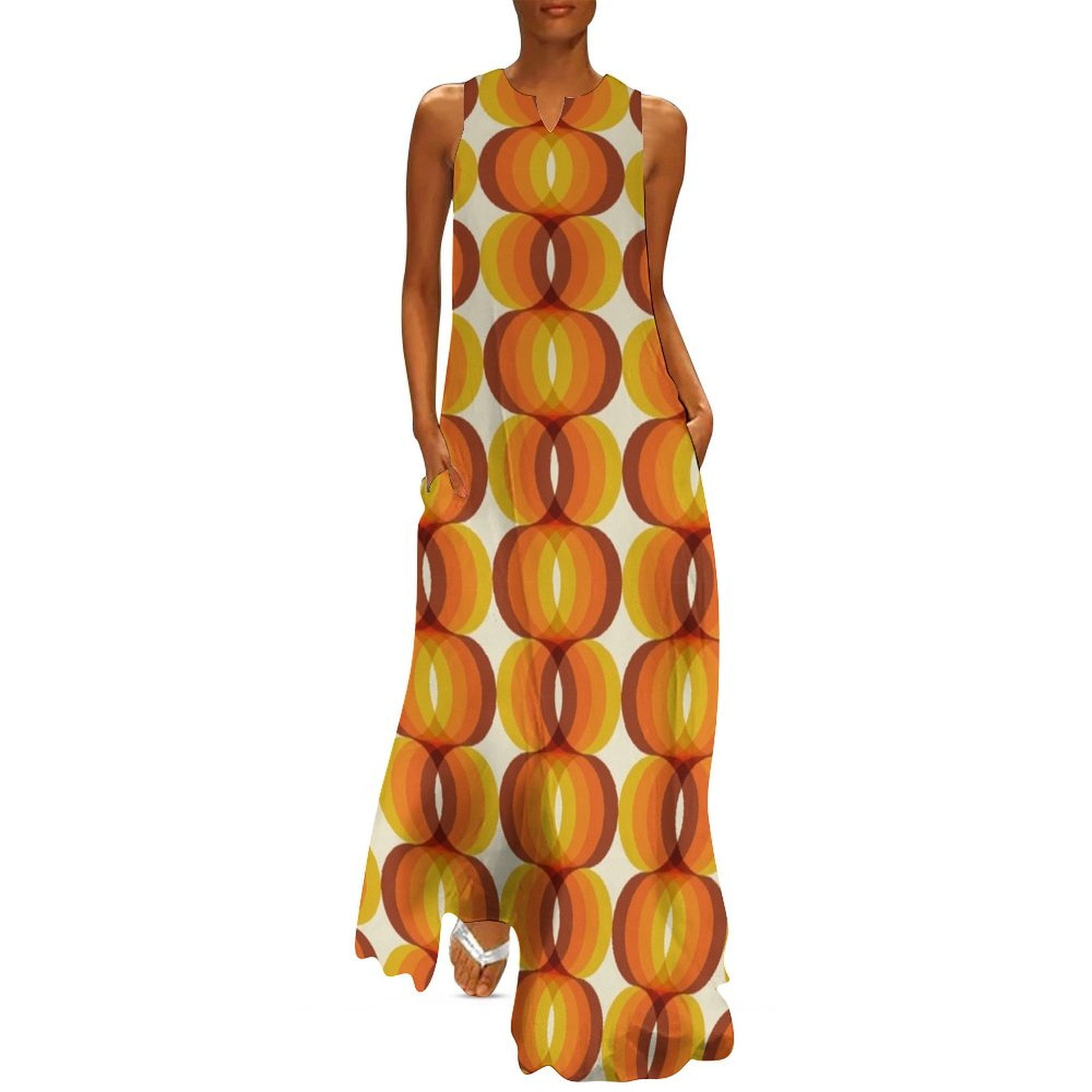 Orange Brown and Ivory Retro 1960s Wavy Pattern Long Dress prom dress ...