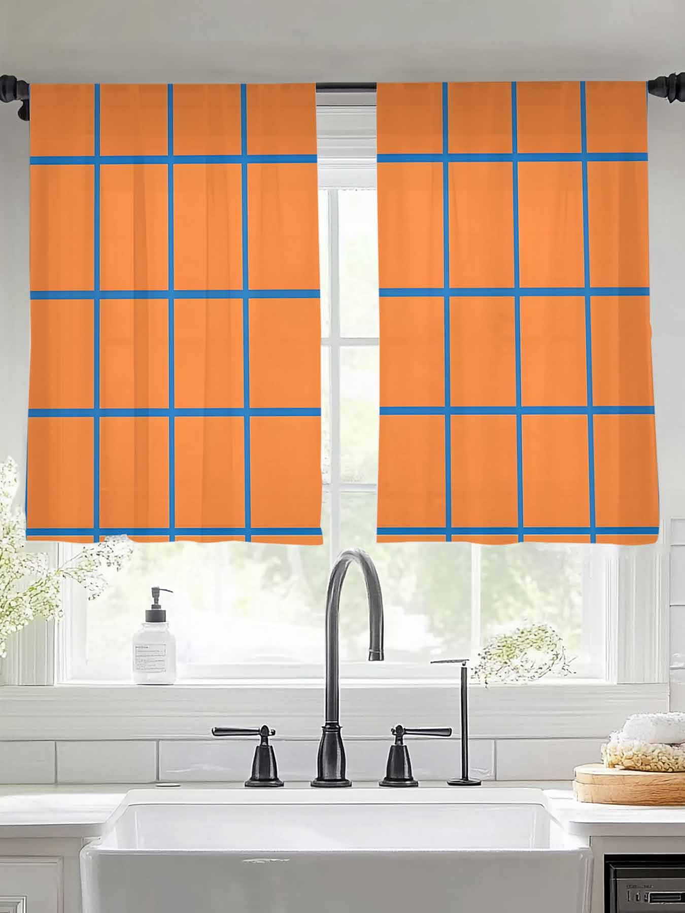 Orange Buffalo Check Sheer Curtains for Living Room Bedroom Modern Blue ...