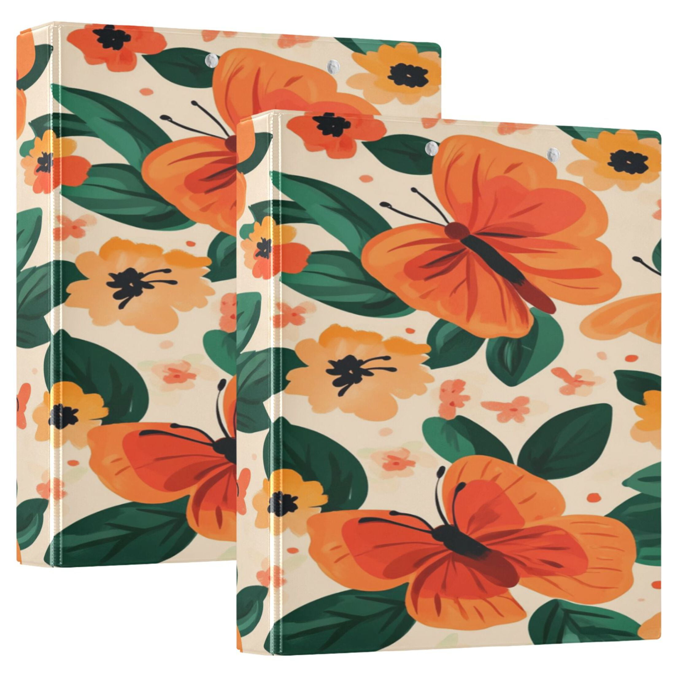Orange Butterflies and Flowers 12.4x10.6in PVC Round Ring Binders, 2 ...