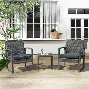 Lacoo 3 Pieces Patio Indoor Conversation Set Cushioned PE Rattan Bistro ...