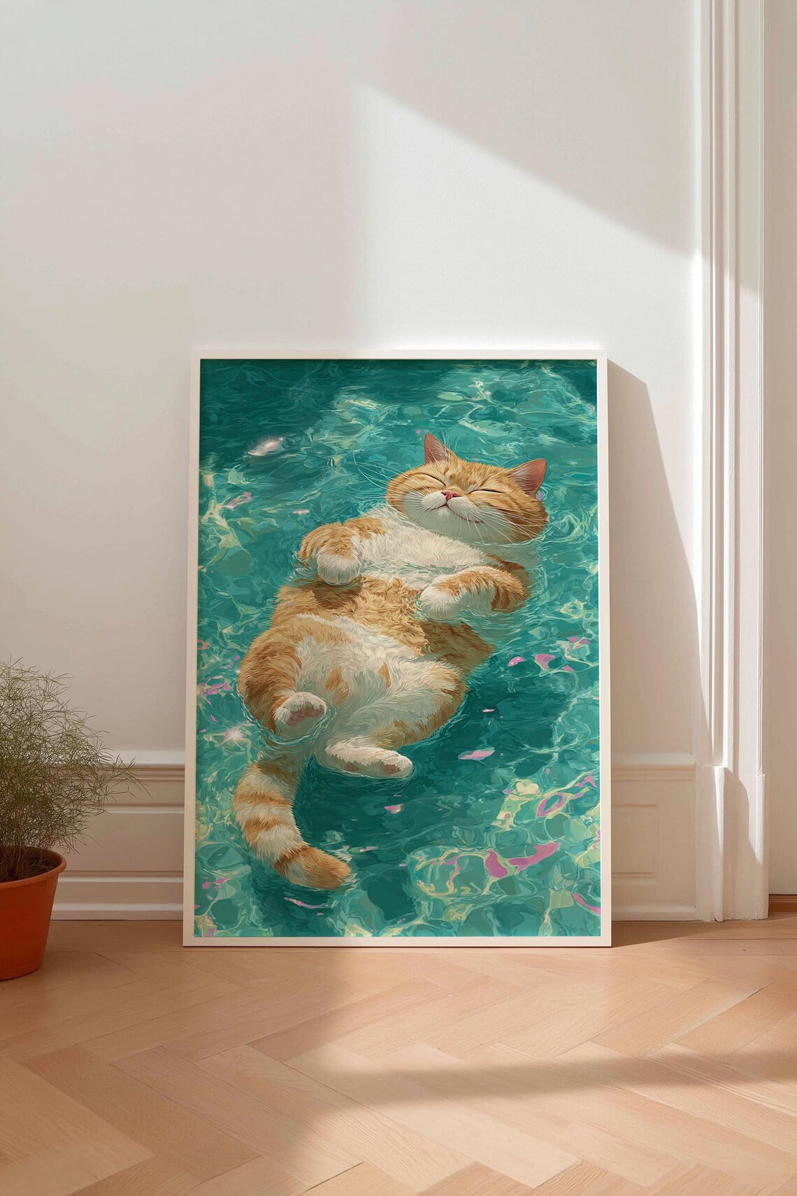 Orange Cat Floating Art Print, Whimsical Kitty Poster, Wall Art for ...