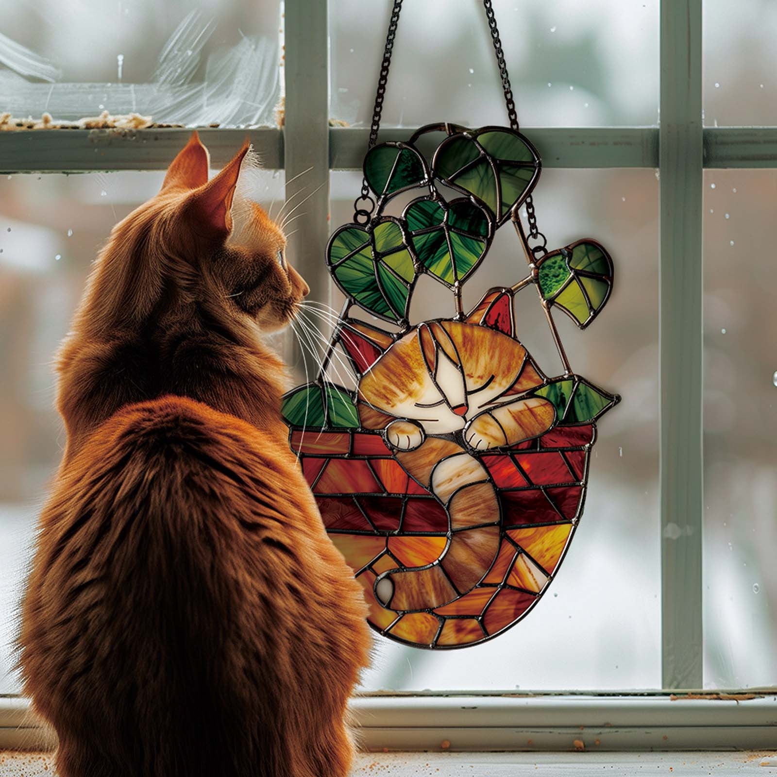 Orange Cat Glass Sun Catcher Orange Cat Acrylic Window Hangings With ...