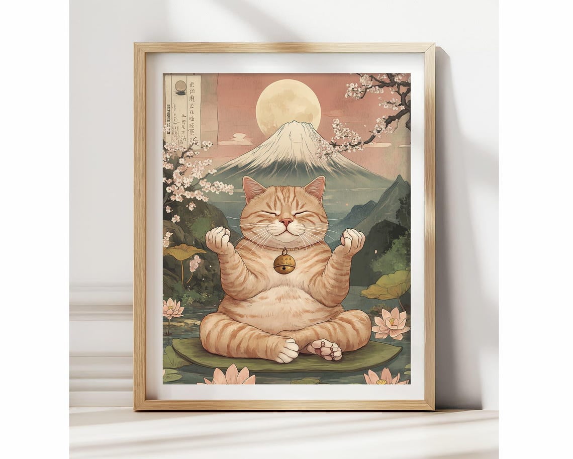 Orange Cat Poster Yoga Wall Art Zen Funny Mt Fuji Cat Poster, Japandi ...
