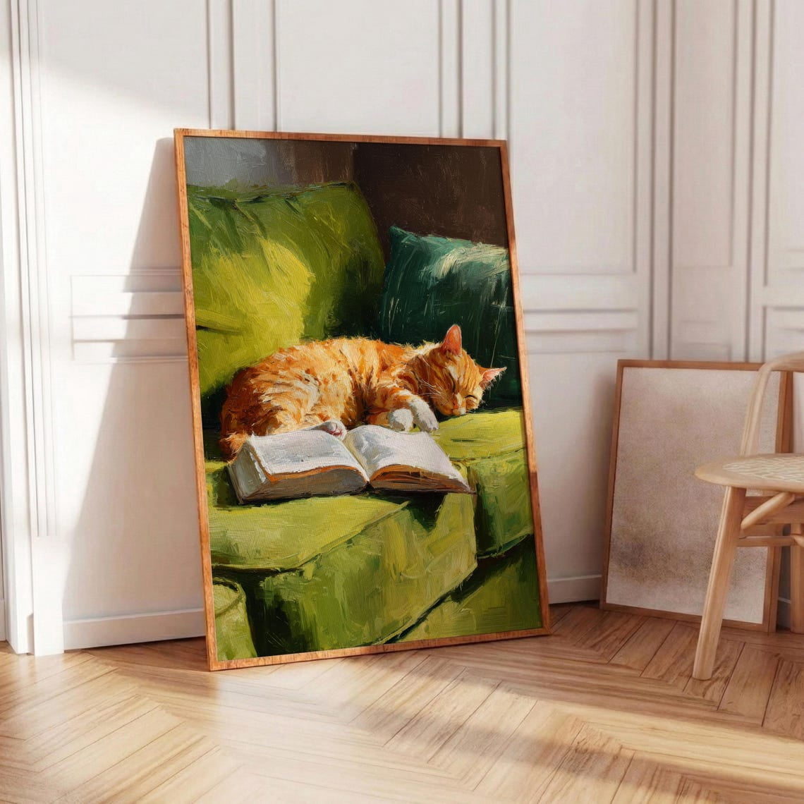 Orange Cat Sleeping with Book Impasto Cozy Home Decor Ginger Lover ...