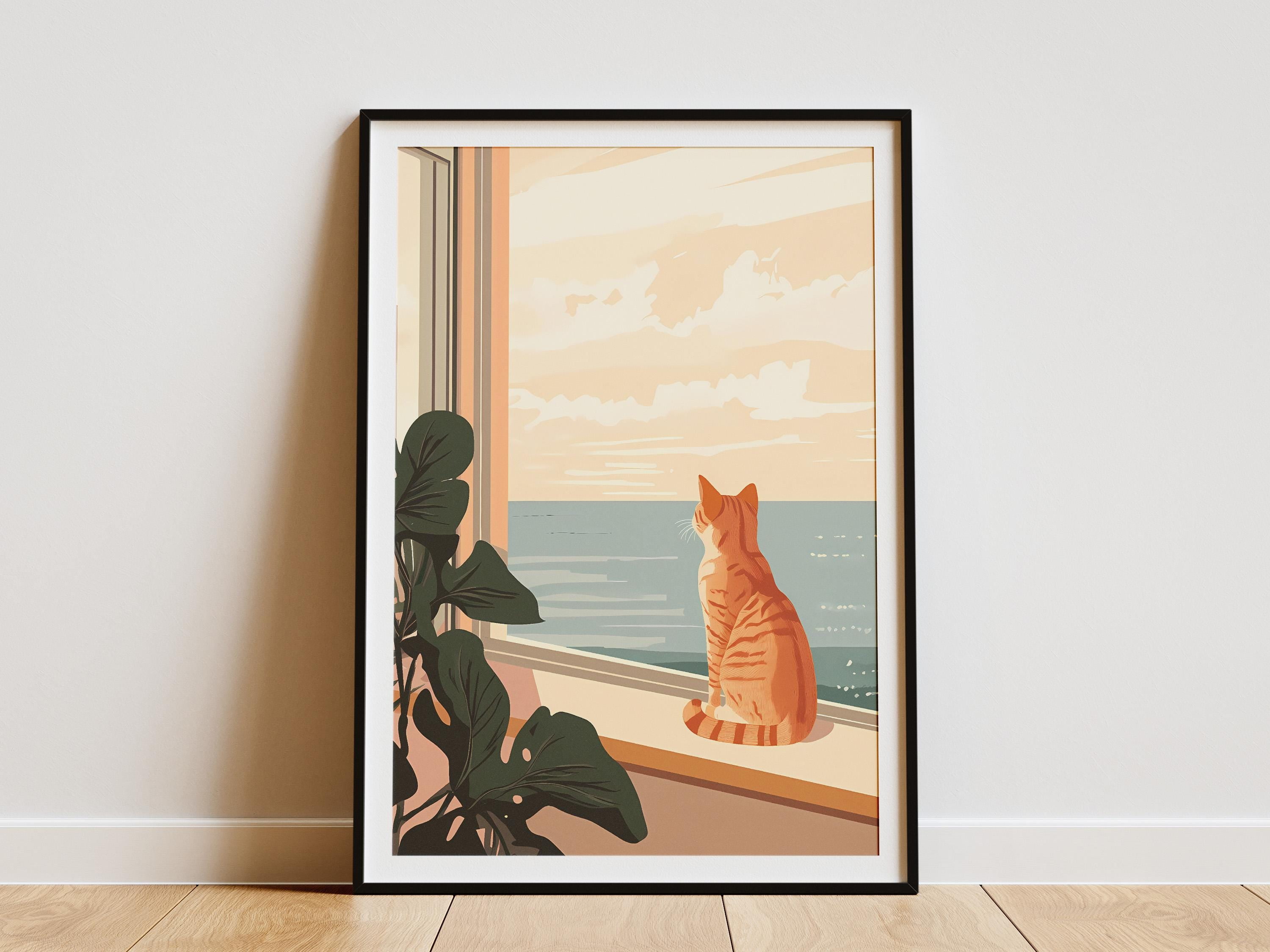 Orange Cat by Windowsill Ocean View Summer Sunset Beach Coastal Cat Art ...