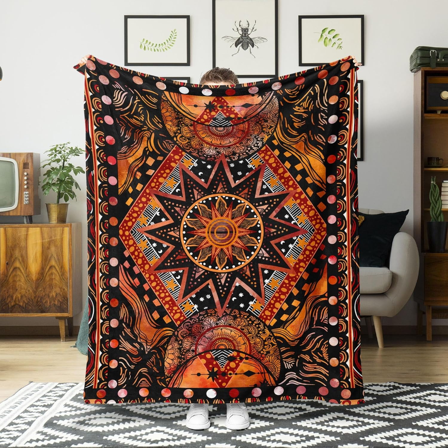 Orange Ceometric Art Throw Blanket, Hippie Abstract Sun and Moon Yellow ...