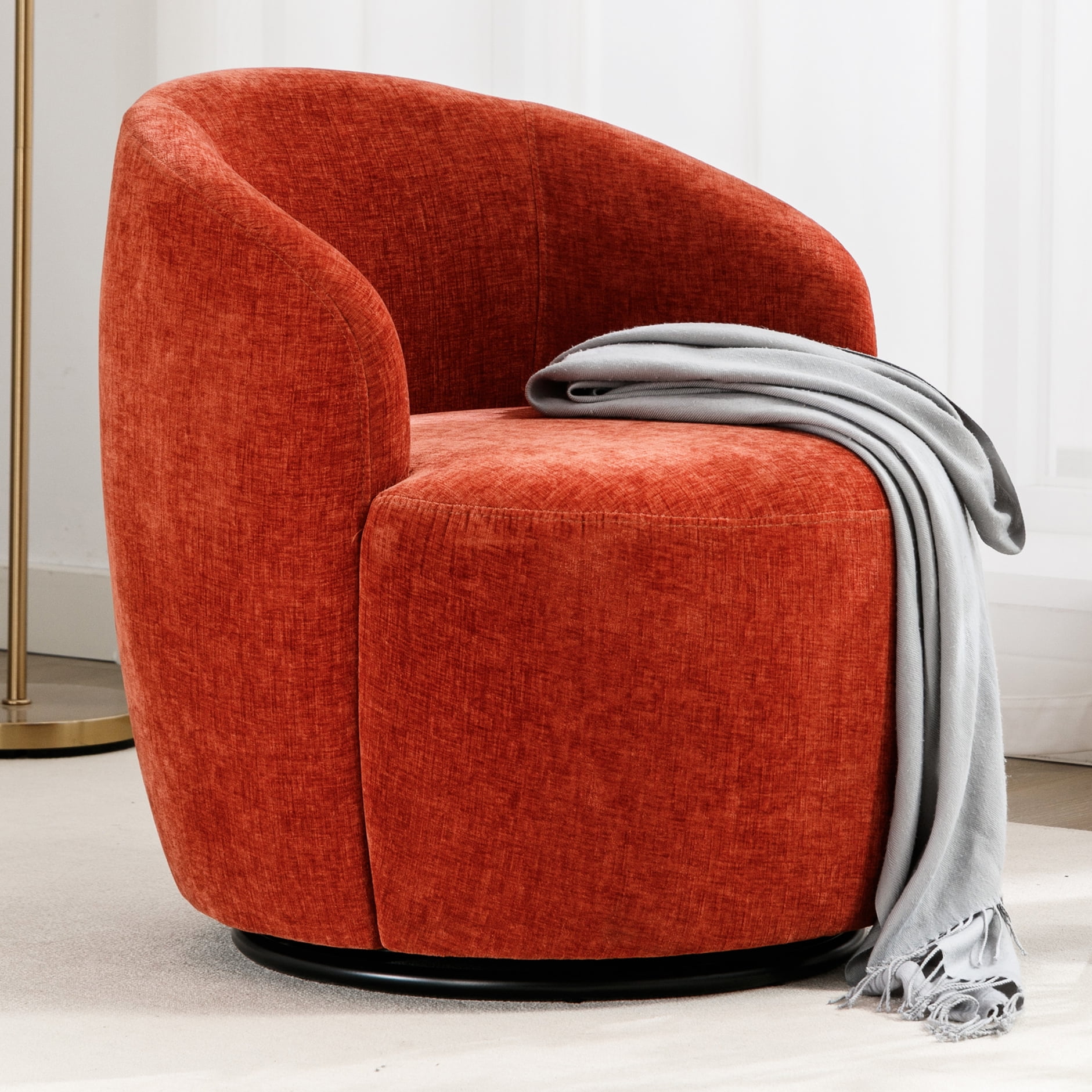 Orange Chenille Upholstered Chair With 360° Swivel, Foam Filled For A ...