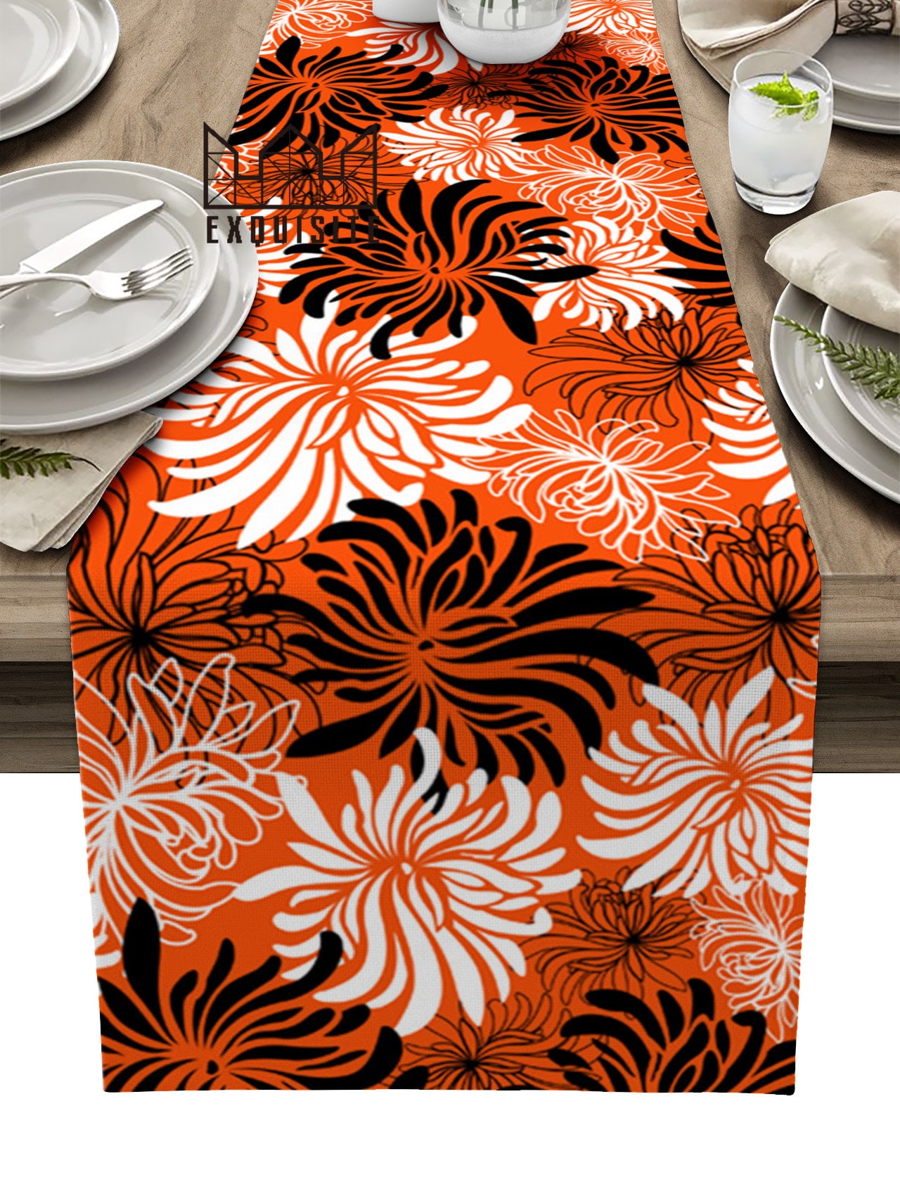 Orange Chrysanthemum Black And White Texture Table Runner ration Home r ...