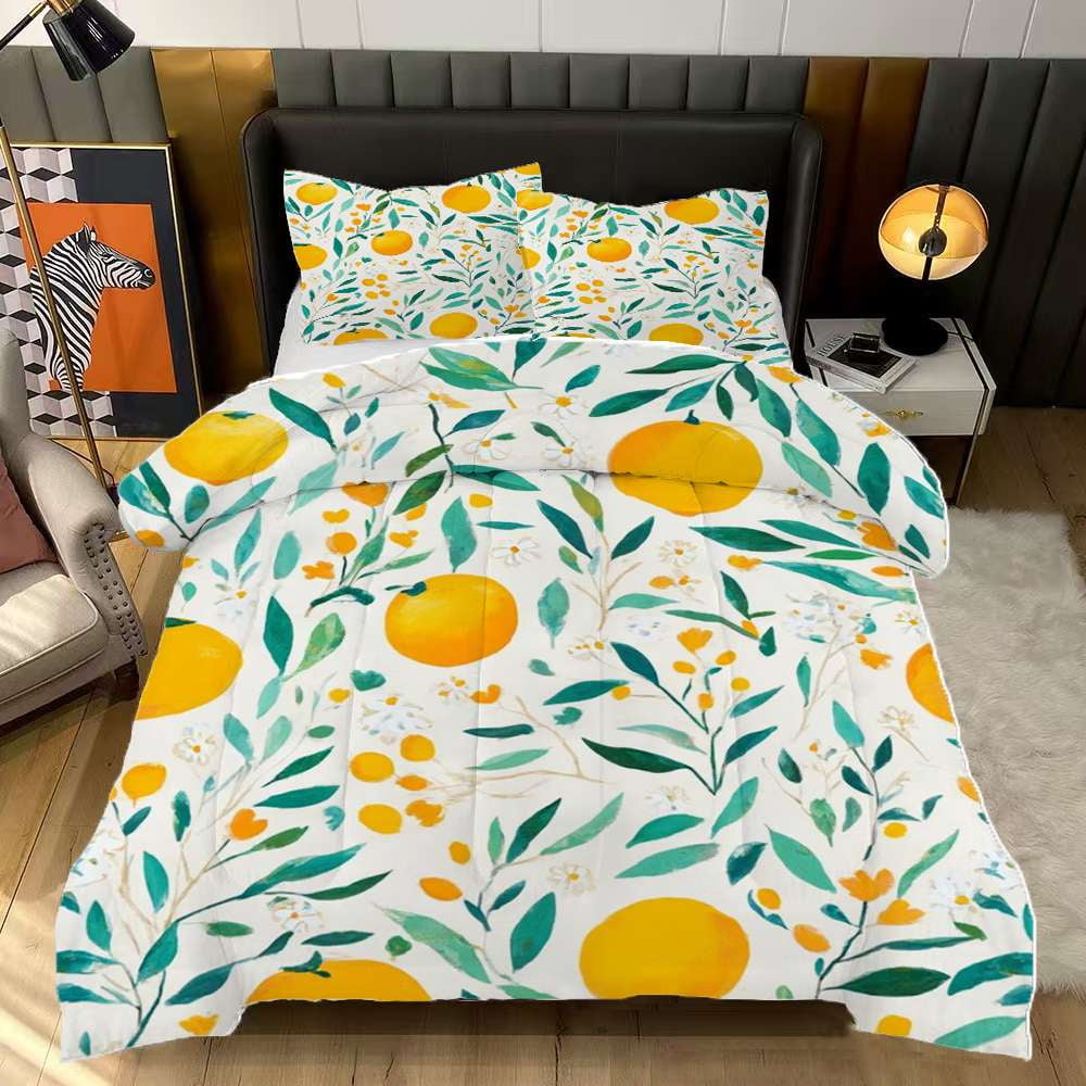 Orange Citrus Floral Pattern Design Comforter Set Queen Size Bedding ...