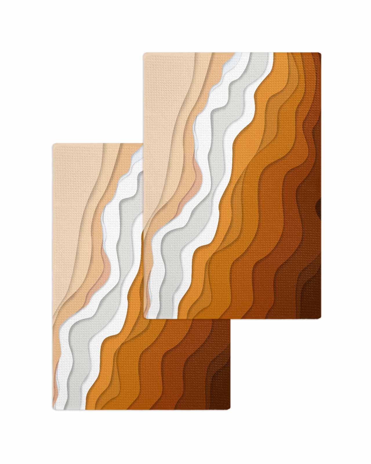 Orange Coastal Beach Kitchen Dish Towels for Drying Dishes Set of 2, Rustic Abstract Sea Waves ...