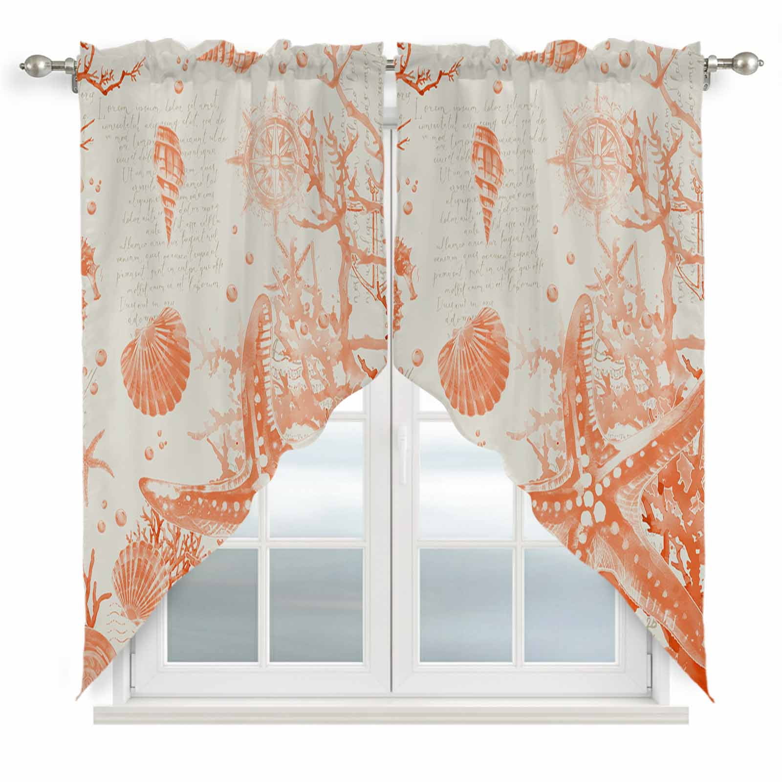 Orange Coastal Starfish Swag Curtains Farmhouse Nautical Coral Conch ...